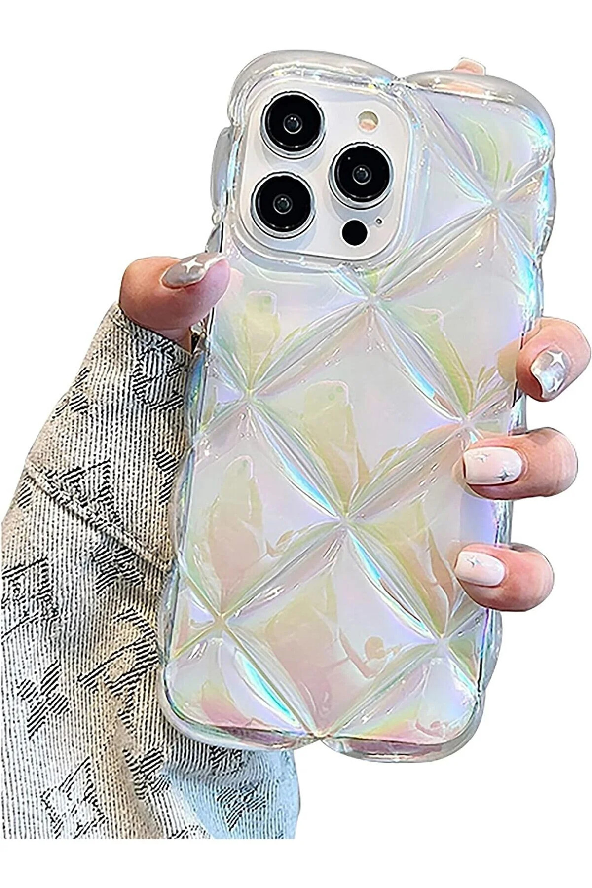 OBT iPhone 15 Pro Max Uyumlu Geometrik Dilimli Hologramlı Baklava Şişme Puf Koruyucu Kapak Kılıf ...