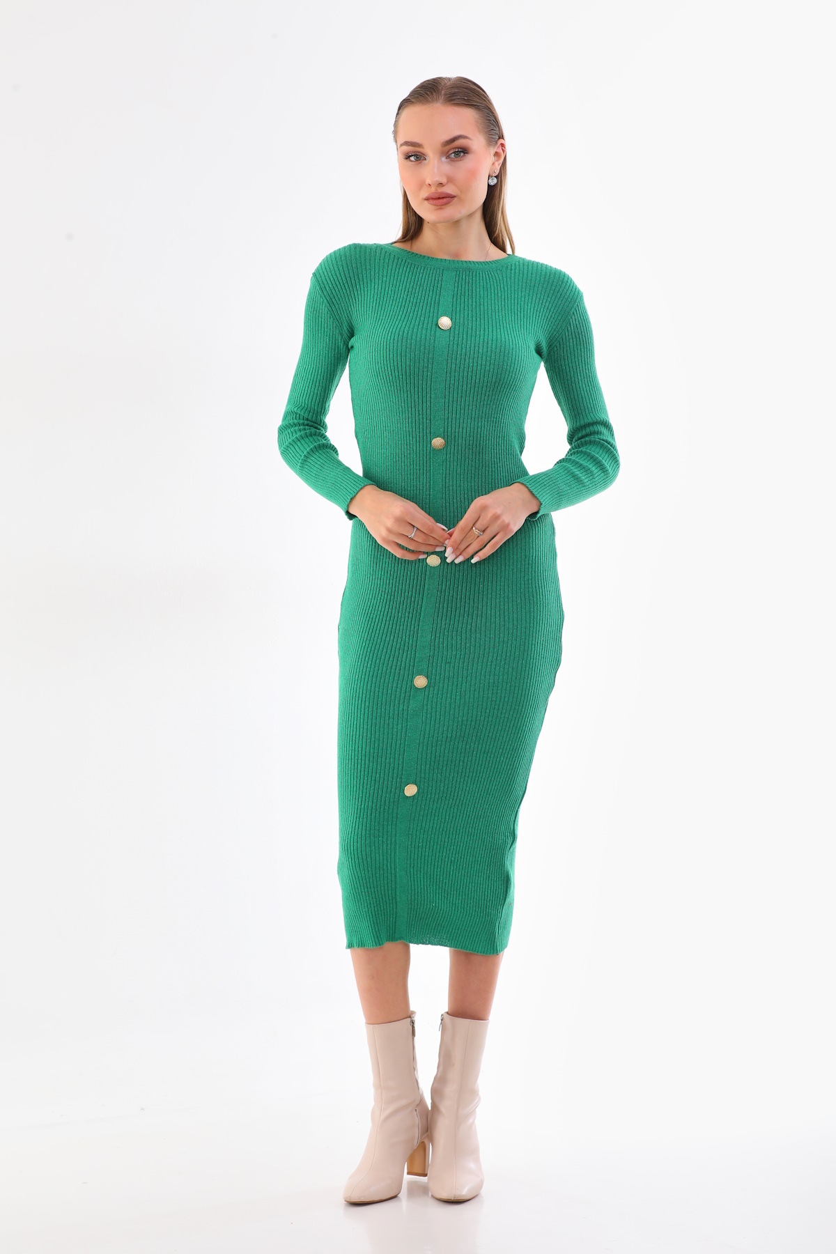 MaxiMor Kadın Bisiklet Yaka Düğme Detaylı Uzun Kol Triko Elbise Standart SML Uyumlu Boy 130 cm ...