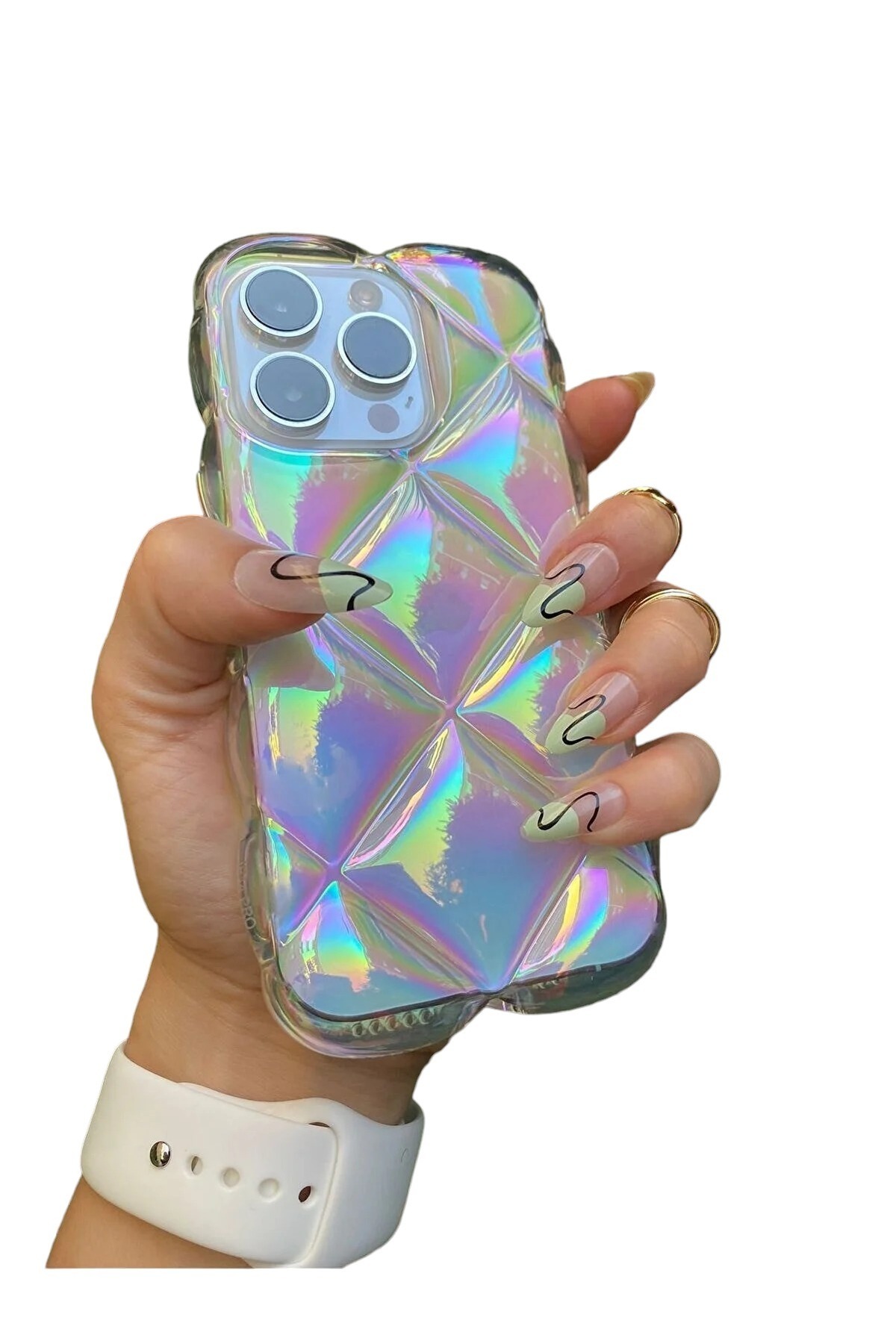 OBT iPhone 15 Pro Max Uyumlu Geometrik Dilimli Hologramlı Baklava Şişme Puf Koruyucu Kapak Kılıf ...