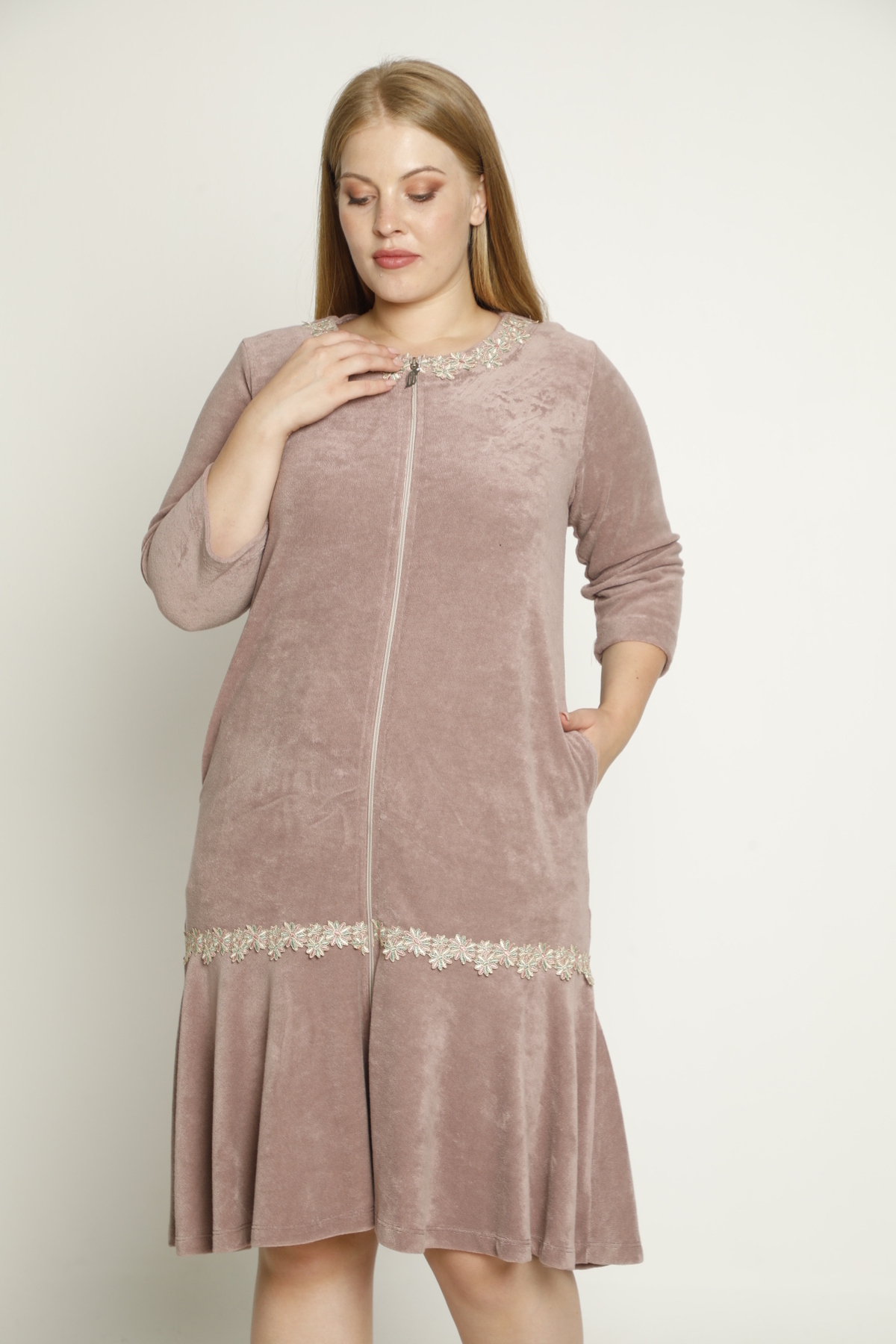 İntensive Fermuarlı Cepli Dantel Detaylı 3/4 Kol Pamuklu Havlu Elbise ...