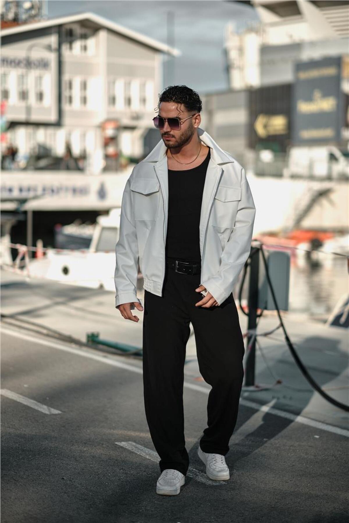 OUTFİT MAN Erkek Çift Kapak Cepli Oversize Deri Ceket Beyaz Fiyatı ...