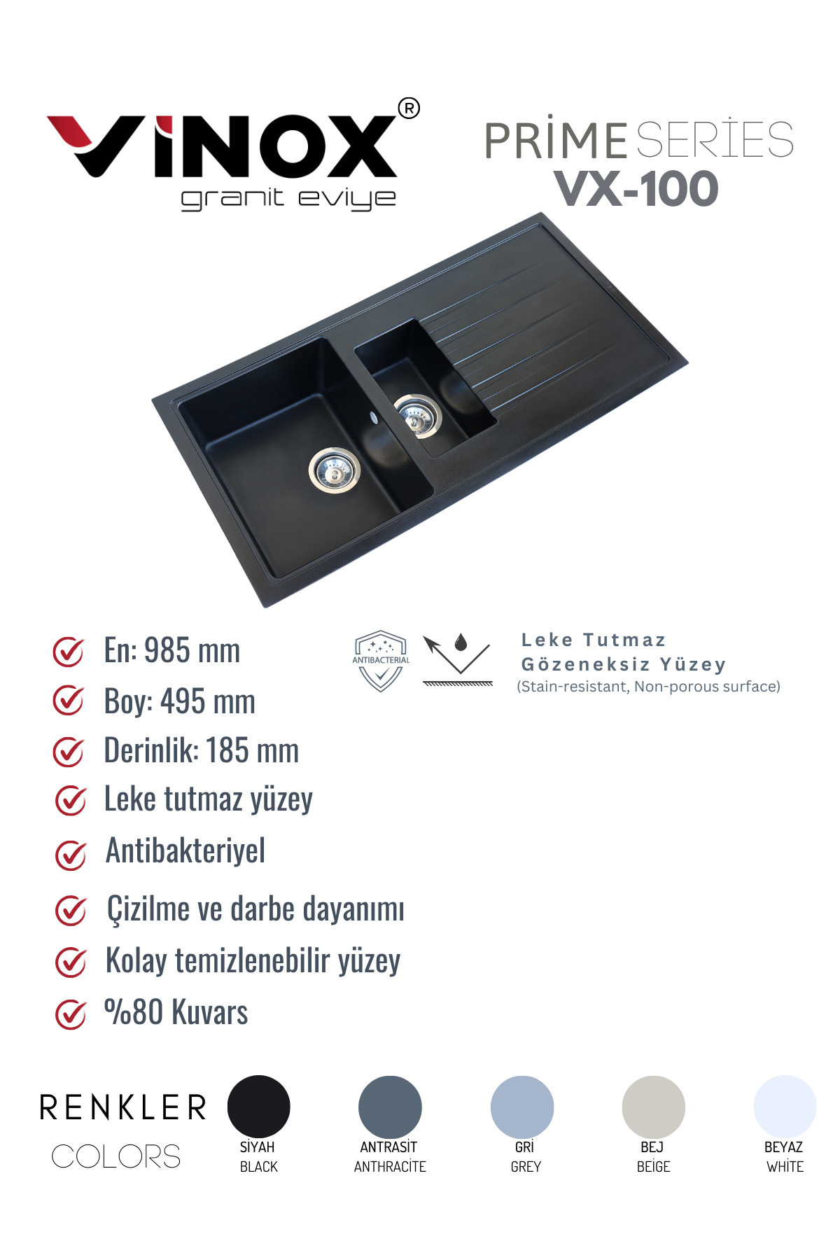 Vinox I I Granit Eviye Siyah 1,5 Göz Damlalıklı Mutfak Evyesi 100x50cm (VX-100) Fiyatı ...
