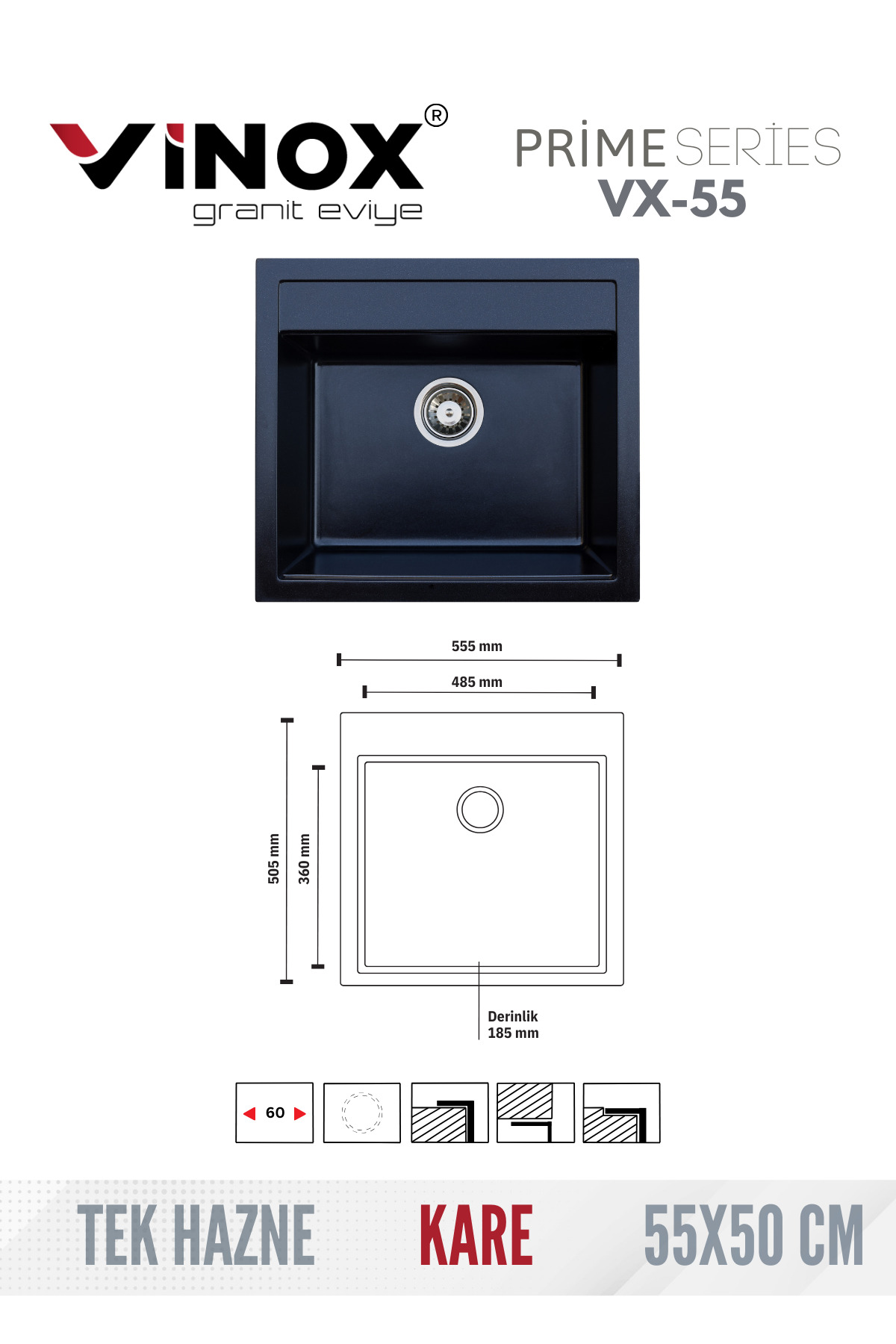 Vinox I I Granit Eviye Beyaz Tek Göz Kare Mutfak Evyesi 55x50cm (VX-55) Fiyatı, Yorumları - Trendyol