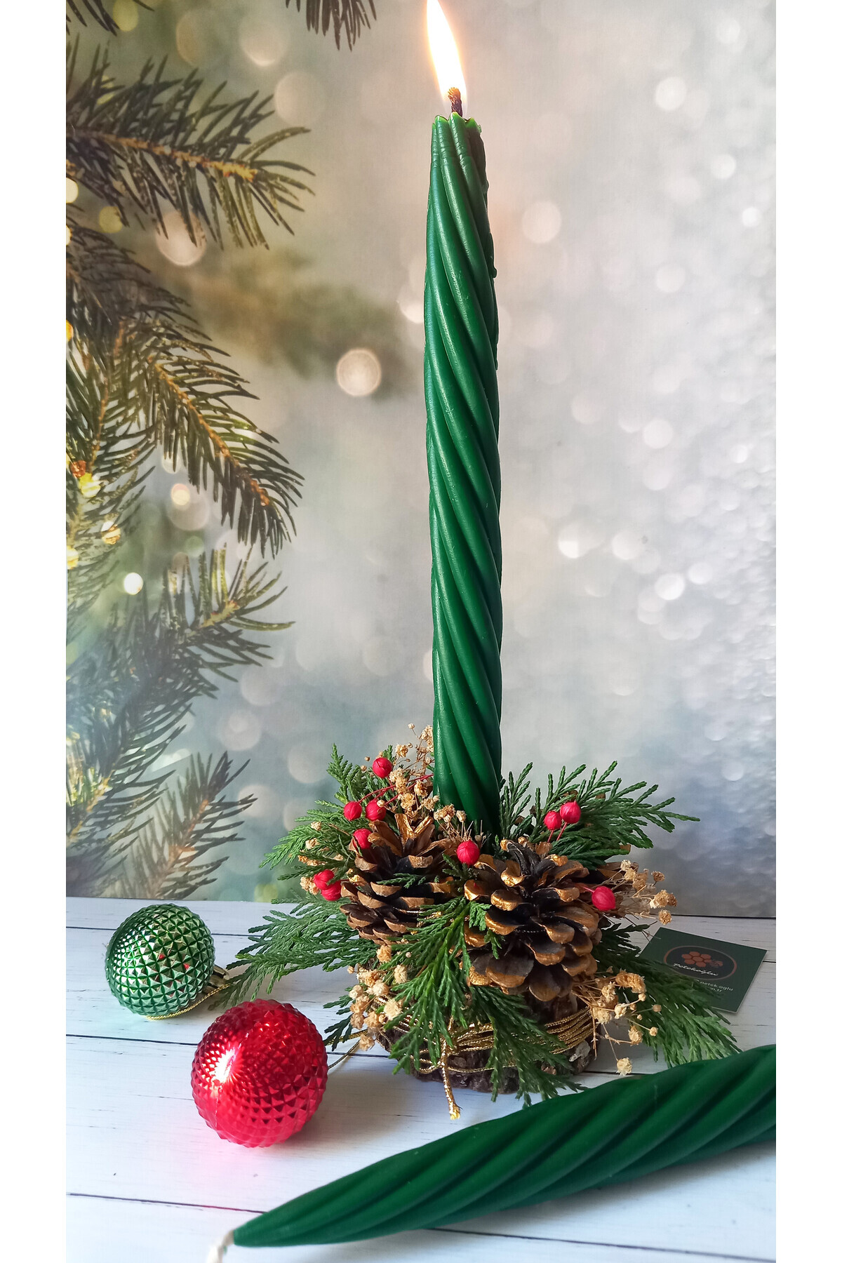 Petekoğlu Balmumu Mum (2 Adet Yeşil 27.5Cm)Kalın Burgu Burgulu Balmumu Şamdan Mumu Dekoratif ...