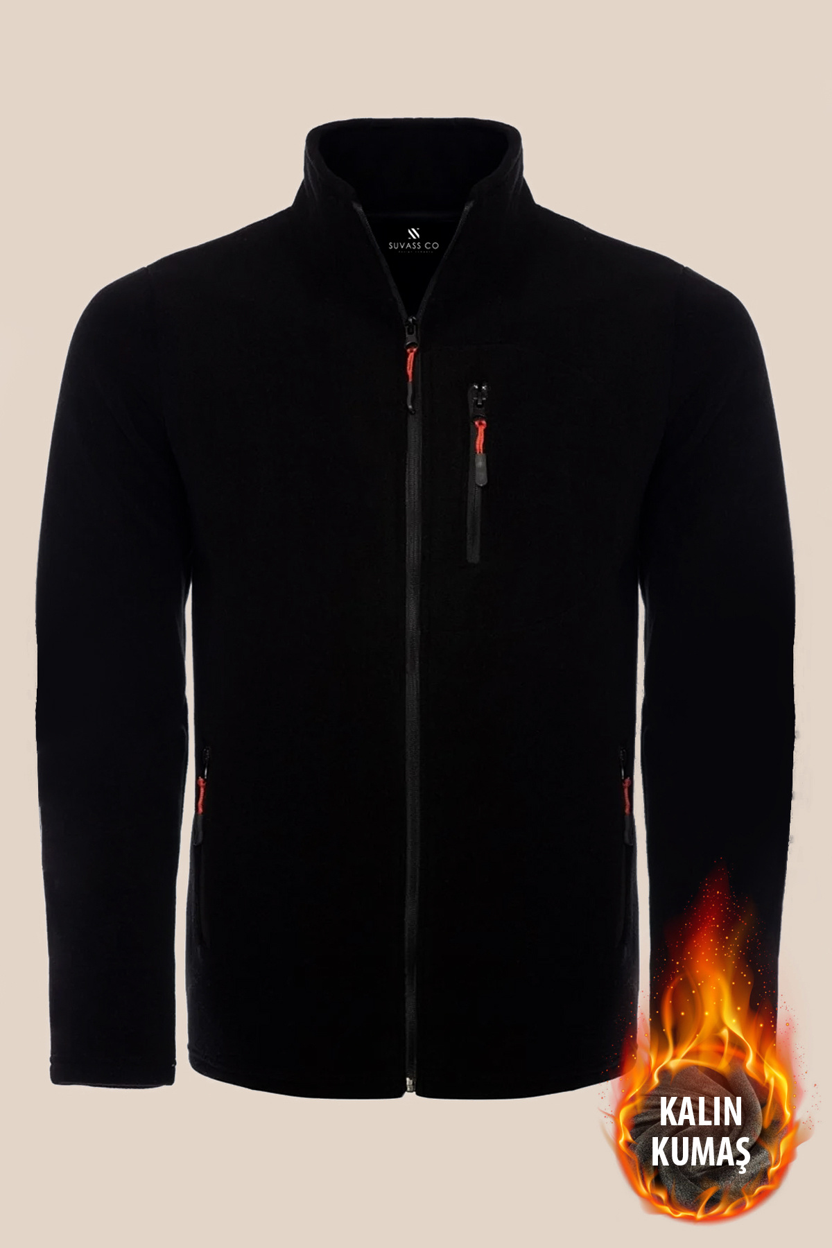 SUVASS CO Suvv Erkek Siyah Polar Tam Fermuarlı 3 Cepli Kalın Outdoor Polar Ceket Tactical Fleece ...