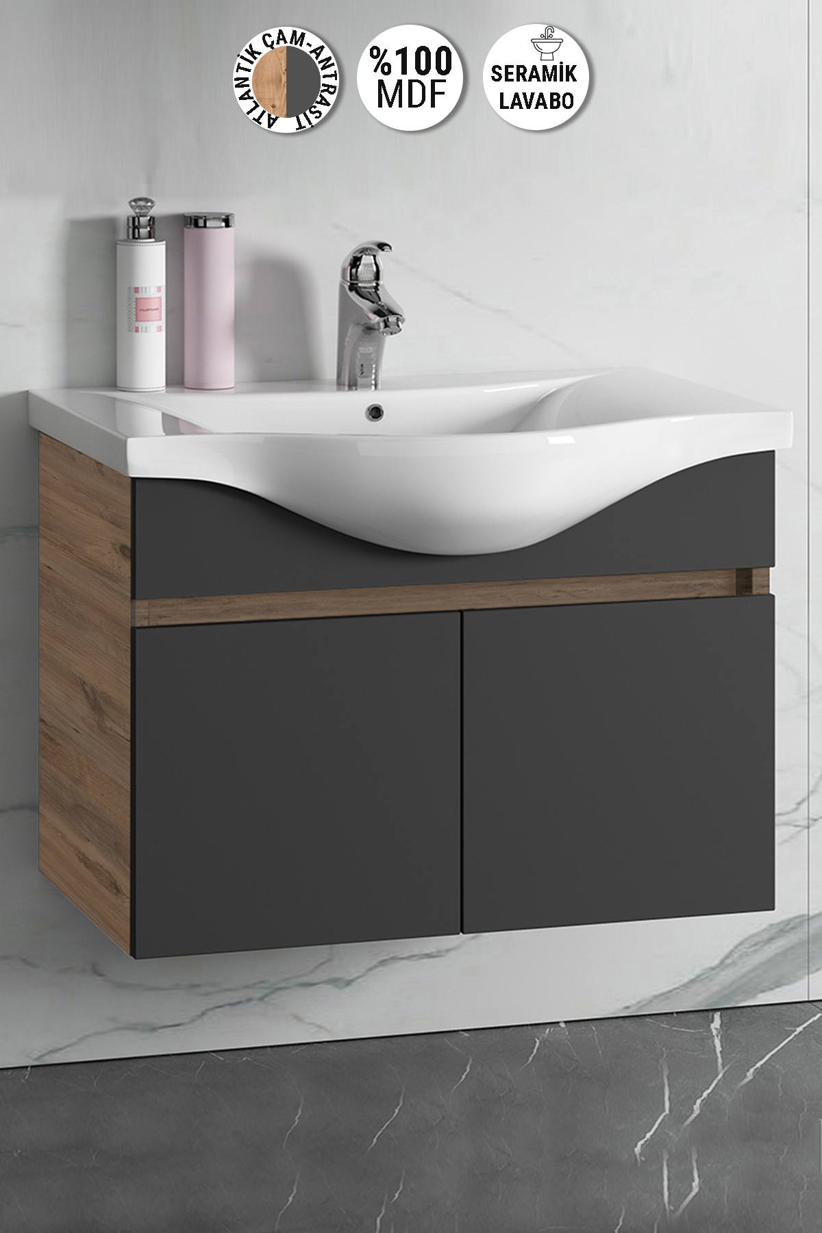 ÖZCEDEN Yıldız 80 cm Atlantik Çam-Antrasit Gri Mat MDF Seramik Lavabolu ...