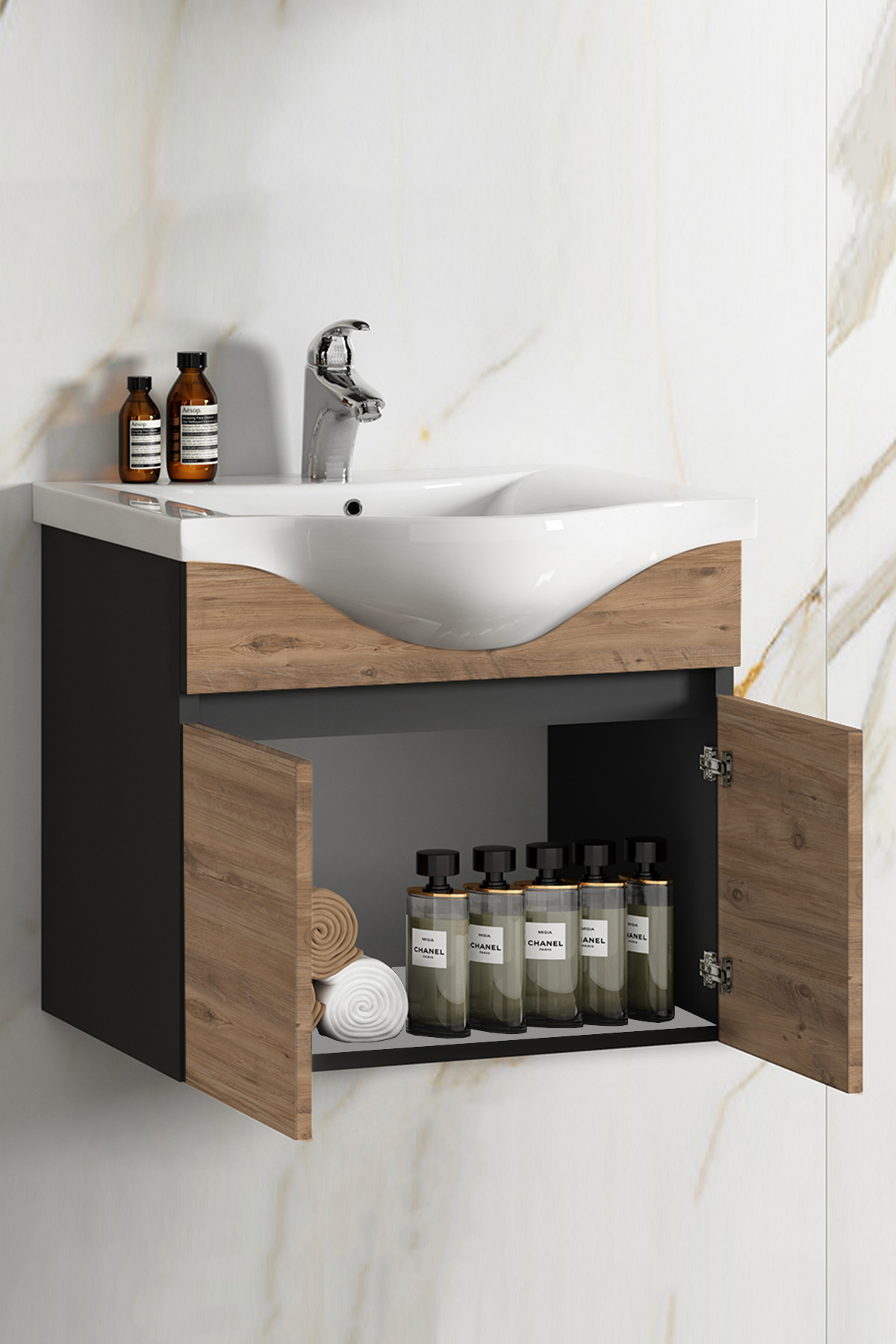 ÖZCEDEN Yıldız 55 cm Antrasit Gri Mat-Atlantik Çam MDF Seramik Lavabolu ...