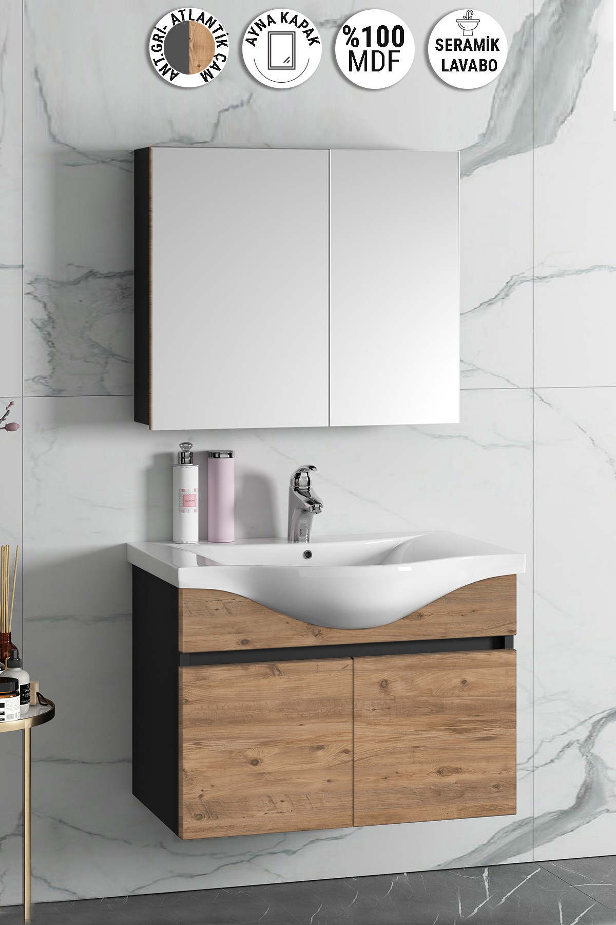 ÖZCEDEN Yıldız 80 cm Antrasit Gri Mat-Atlantik Çam MDF Seramik Lavabolu ...