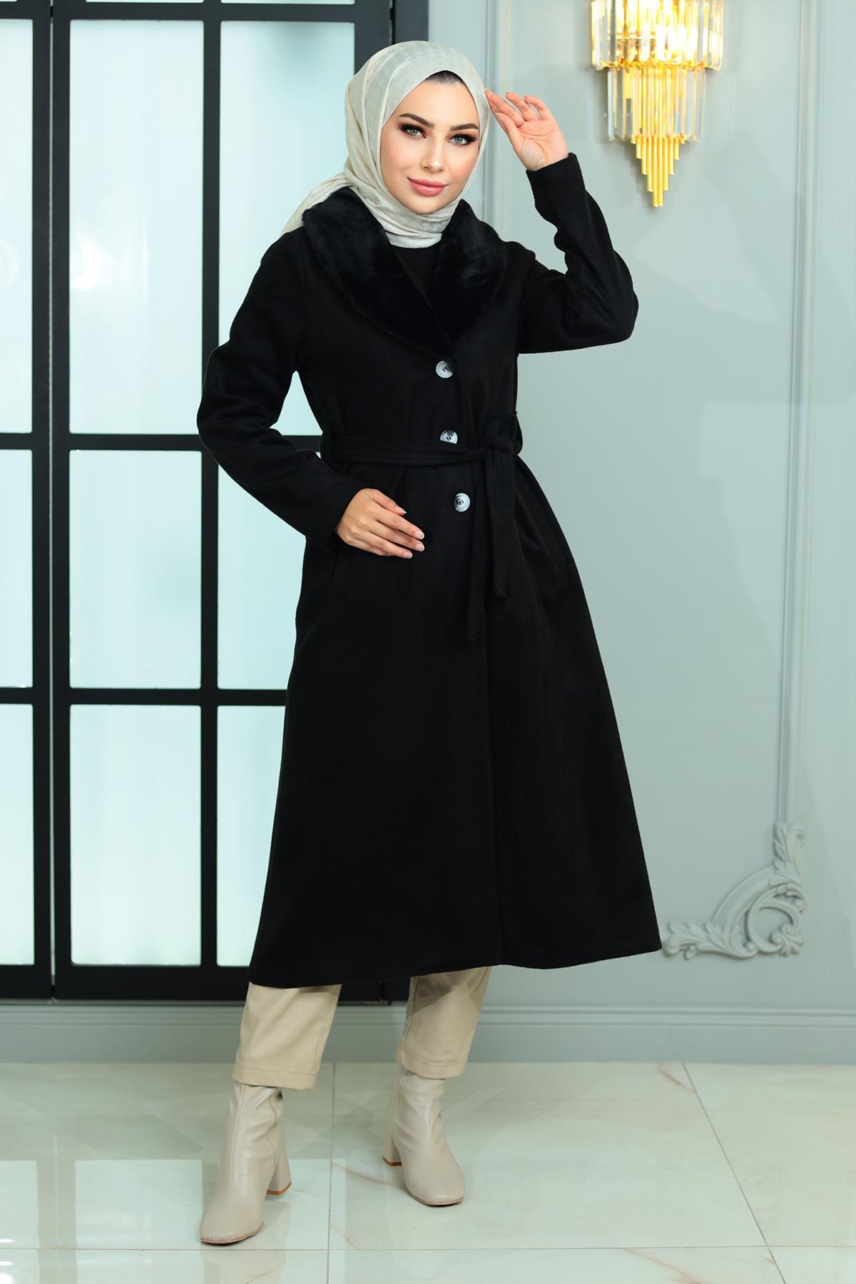 ModaMihram Geniş Kürk Yakalı Kaşe Kaban Siyah 19174 Fiyatı, Yorumları ...