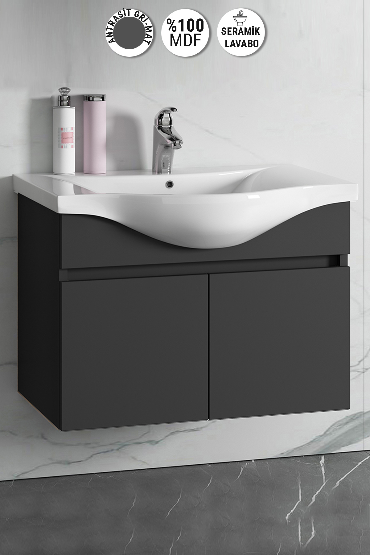 ÖZCEDEN Yıldız 80 cm Antrasit Gri Mat MDF Seramik Lavabolu Asma Banyo ...