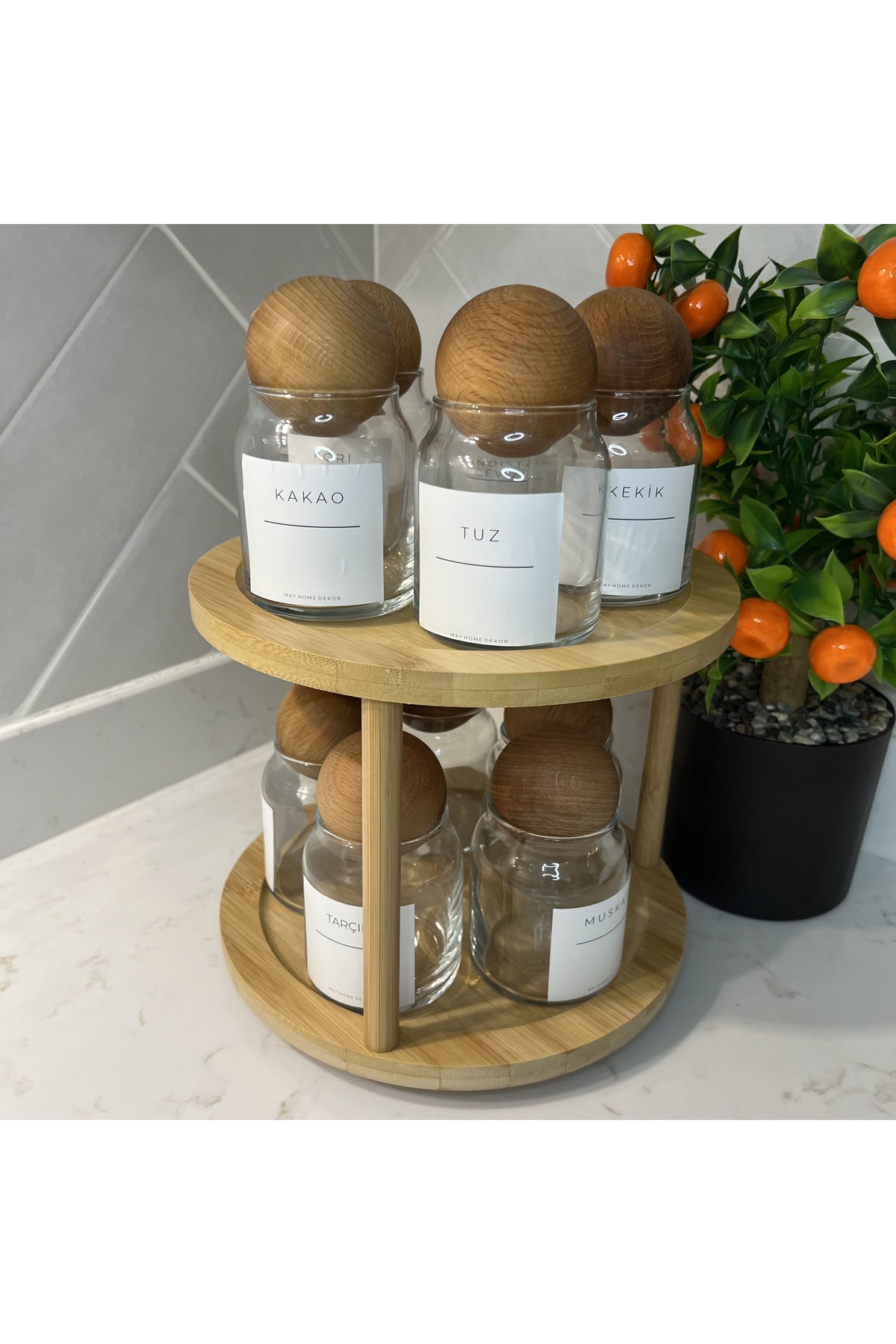 may home design 10'lu Bambu Standlı / Ahşap Top Kapaklı Cam Baharatlık ...