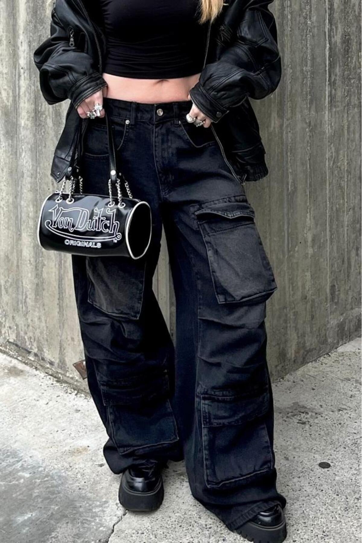 Bases Black Cargo Pocket Faded Effect Wide Leg Jeans - Trendyol