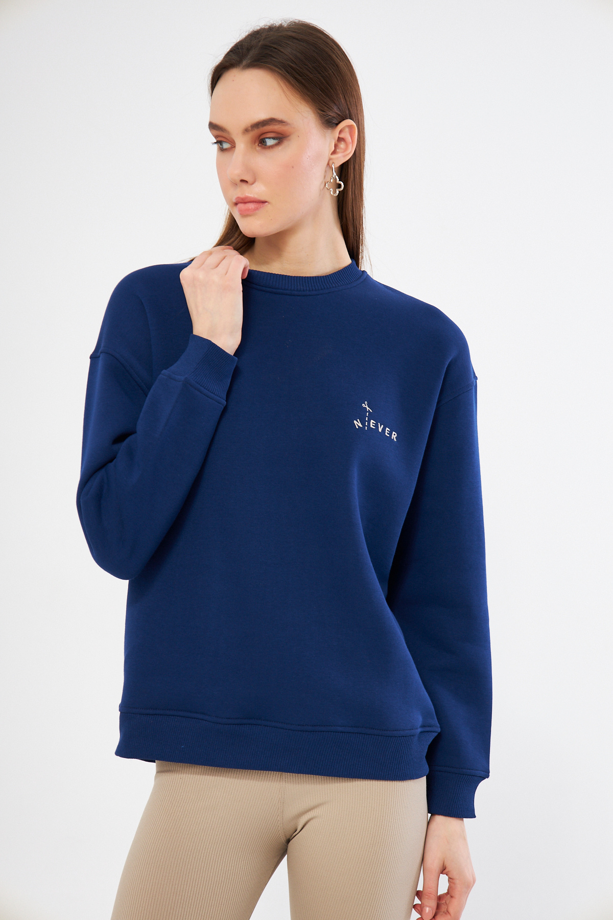 Zomers Kadın Bisiklet Yaka İçi Polarlı Oversize Lacivert Sweatshirt ...