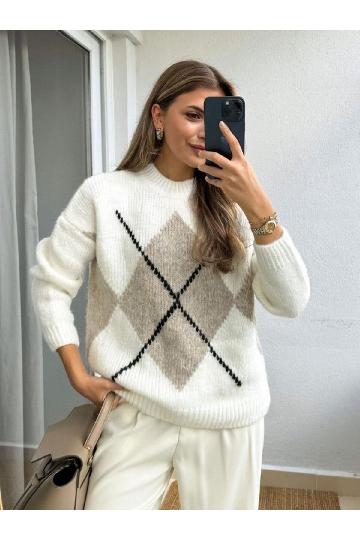 FLABEL APPAREL EKRU RENK BAKLAVA DESEN KAZAK Fiyatı, Yorumları - Trendyol