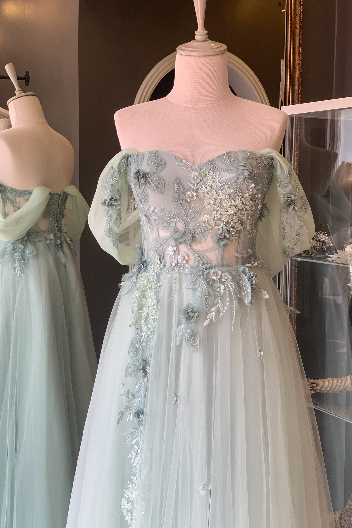 Lenta Moda Su Yeşili İşlemeli Dantel ve Üç Boyutlu Dantel Kaplamalı ...