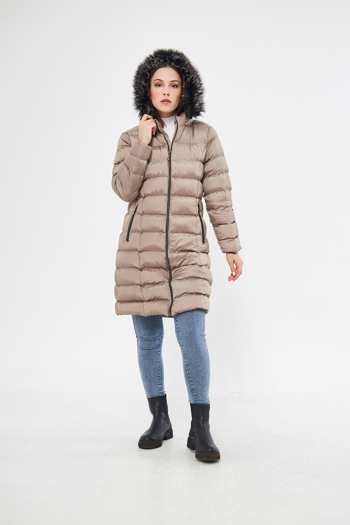S&V TEKSTİL Women's Cream Color Puffer Long Coat Coat Trend- Trendyol