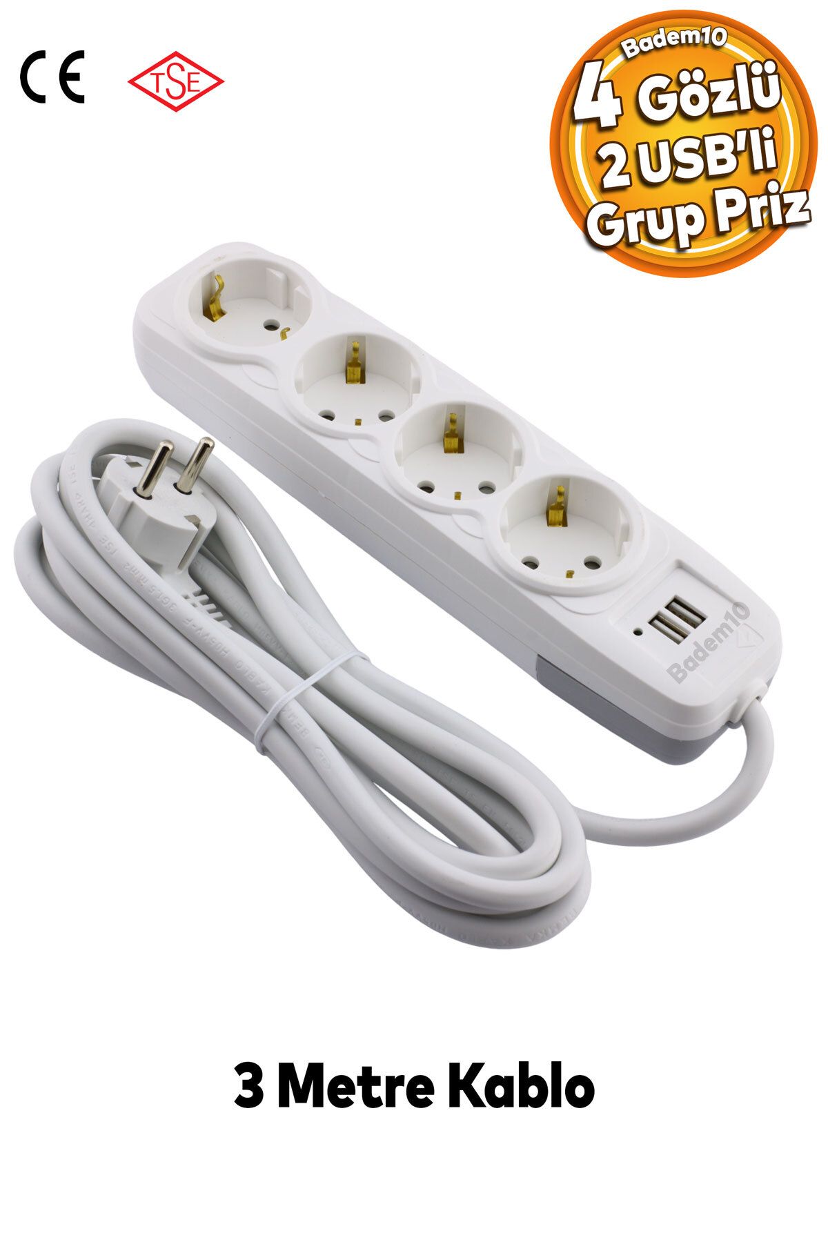 Badem10 2 USB'li 4'lü Grup Priz 3 Metre Kablolu Fiş Priz Topraklı Çoklu ... Badem10 2 USB'li 4'lü Grup Priz 3 Metre Kablolu Fiş Priz Topraklı Çoklu ...