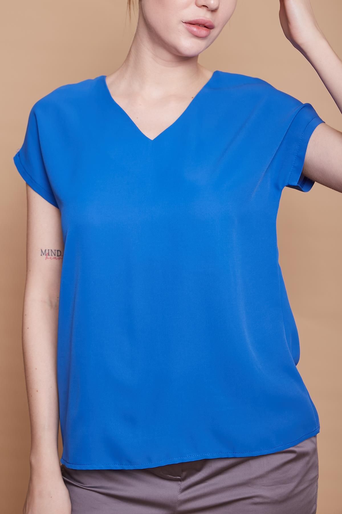 Jument Matte Satin Fabric V Neck Short Sleeve Blouse Sax Trendyol