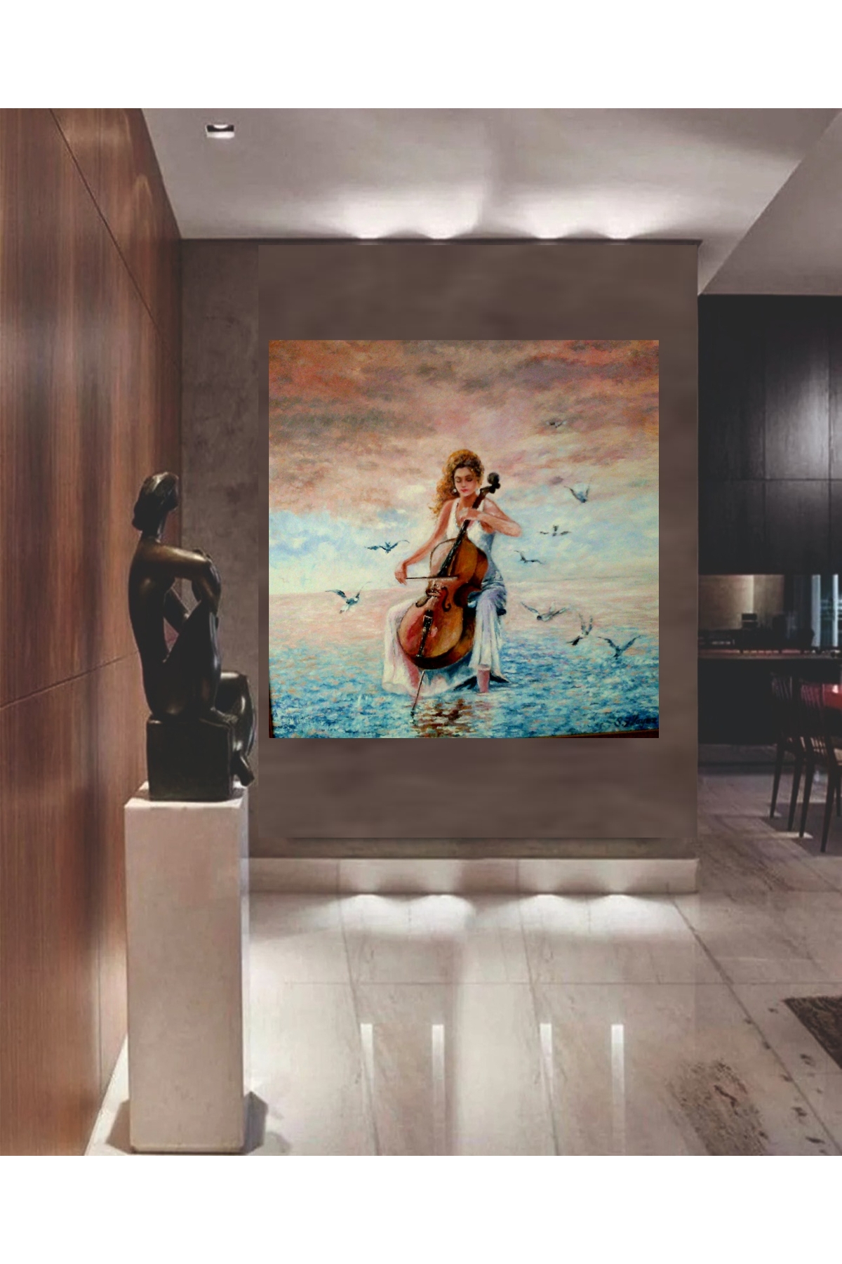HDART Modern Soyut Martılarla Denizde Keman Viola Çalan Kadın Manzara ...
