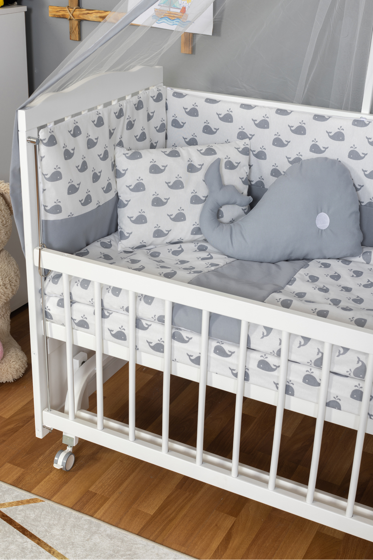 Bamgidoo Ahşap Beşik Anne Yanı Beşik Beyaz 60x120 - Gri Balina Uyku ...