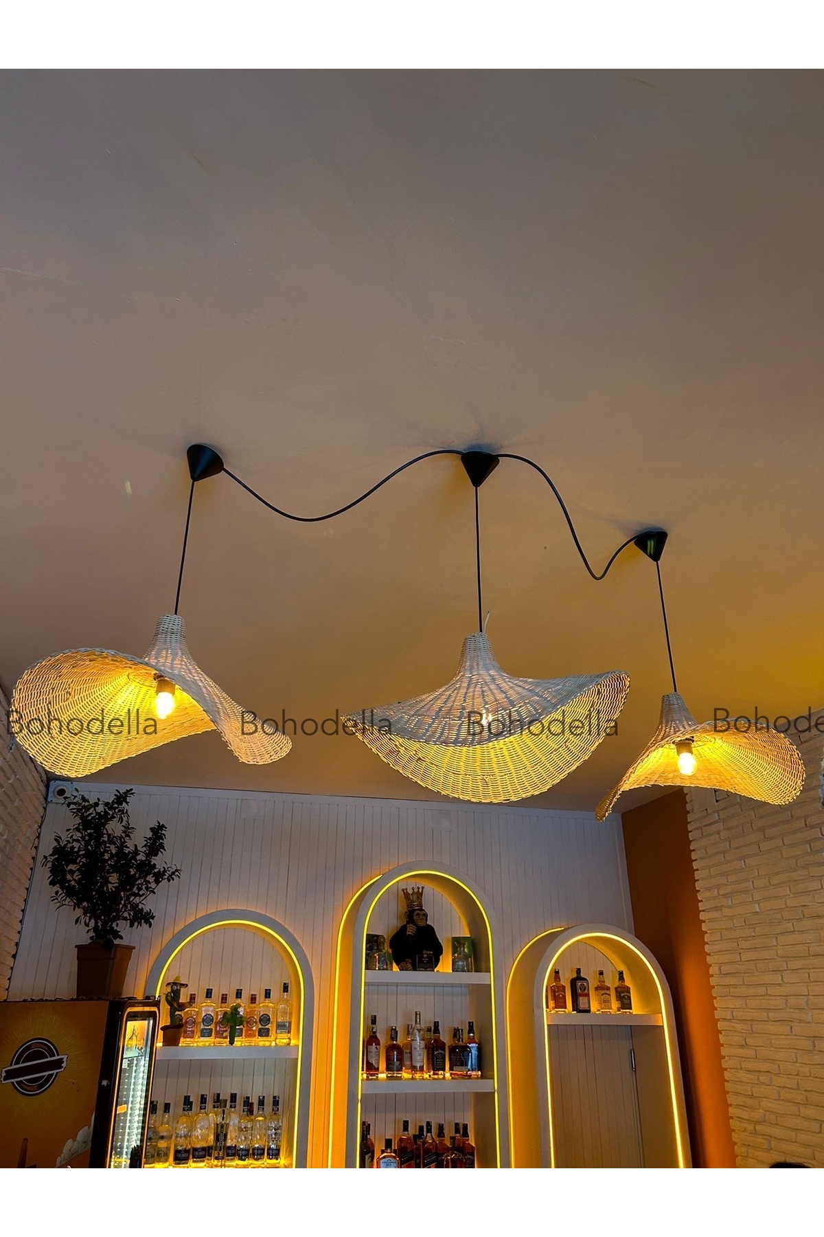 Bohodella (1 ADET) 60 Cm Rattan Bambu Hasır Avize, Şapka Model Avize ...