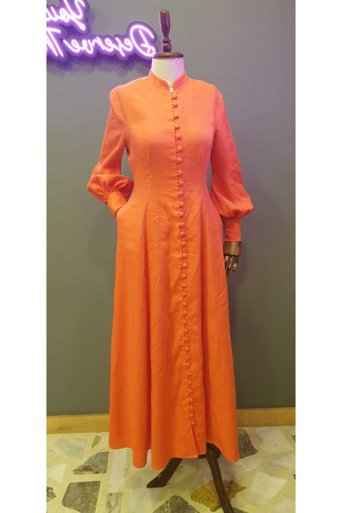 serpildinc Tesettür keten Elbise Turuncu - Fiyatı, Yorumları