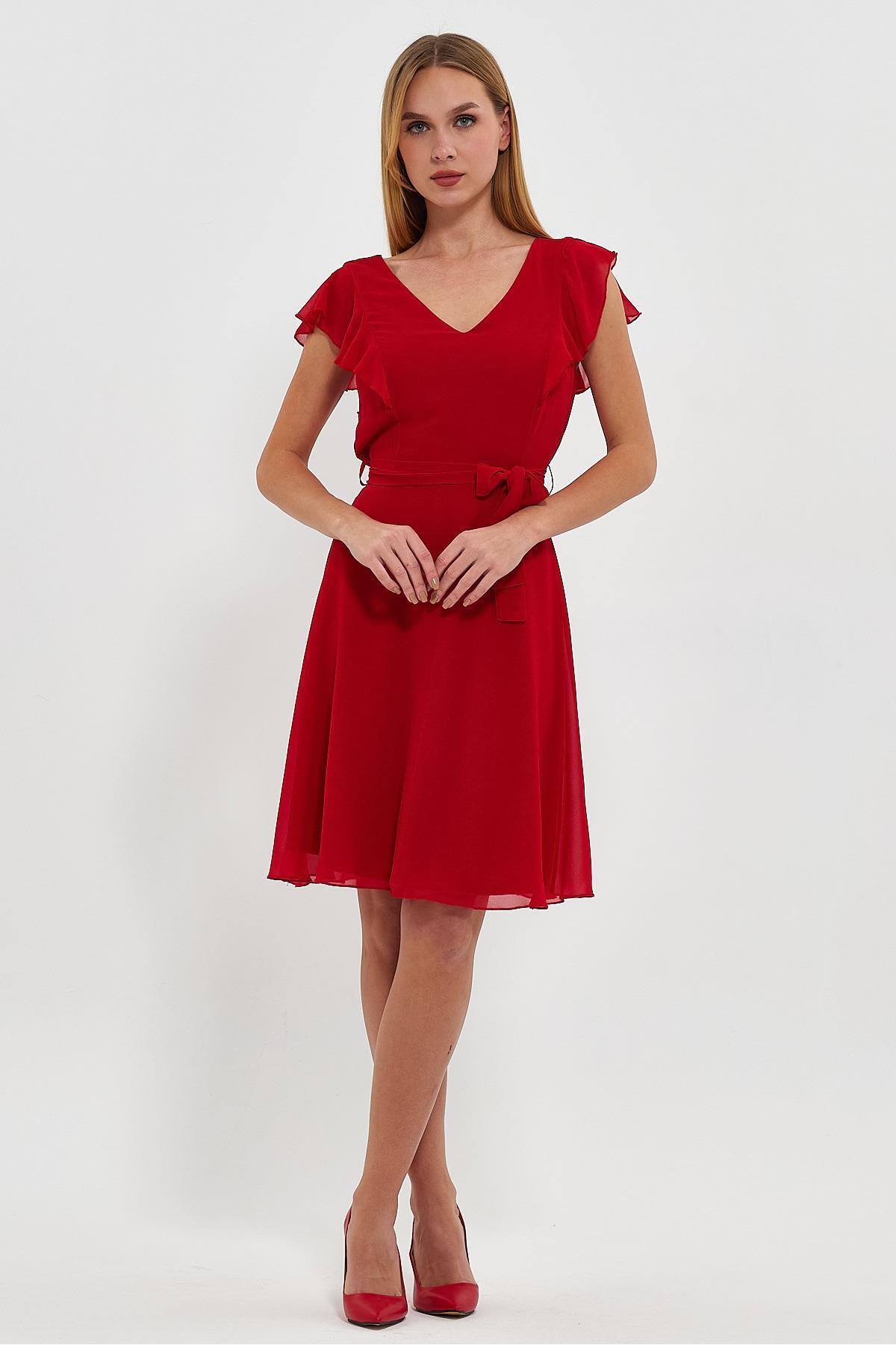 Ceylen Şifon Ön Arka V Yaka Omuzlar Önden Arkaya Volanlı Kloş Mini Elbise Fiyatı, Yorumları ...