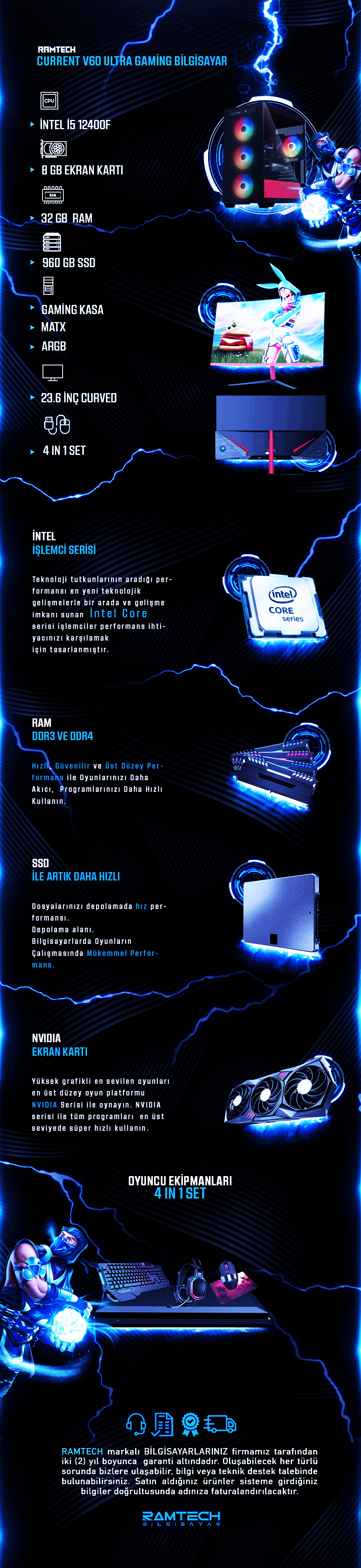 RAMTECH CURRENT V60 İ5 12400F 32GB RAM 960GB SSD RTX3050 8GB 23.6 CURVED MONİTÖR OYUN ...