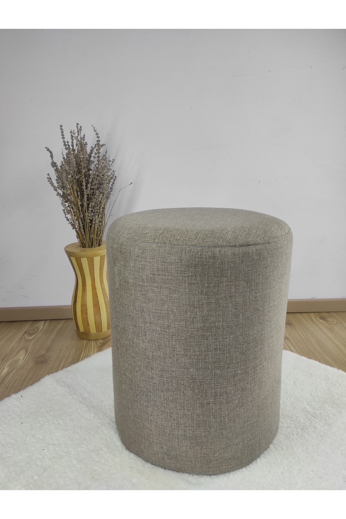 daddi ahşap YUVARLAK PUF, KETEN KUMAŞLI PUF, KAPI ÖNÜ PUFU, MAKYAJ ...