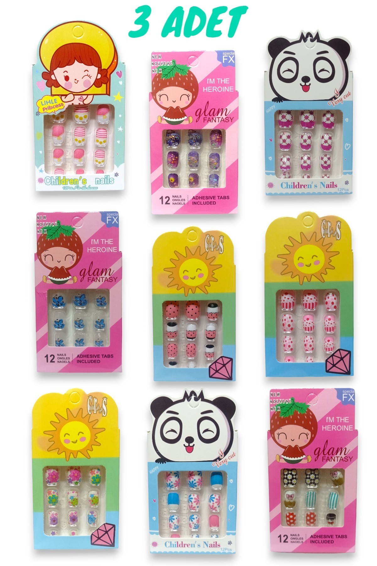 LYLLIA 3 Adet Kendinden Yapışkanlı Kız Çocuk Desenli Takma Tırnak ...