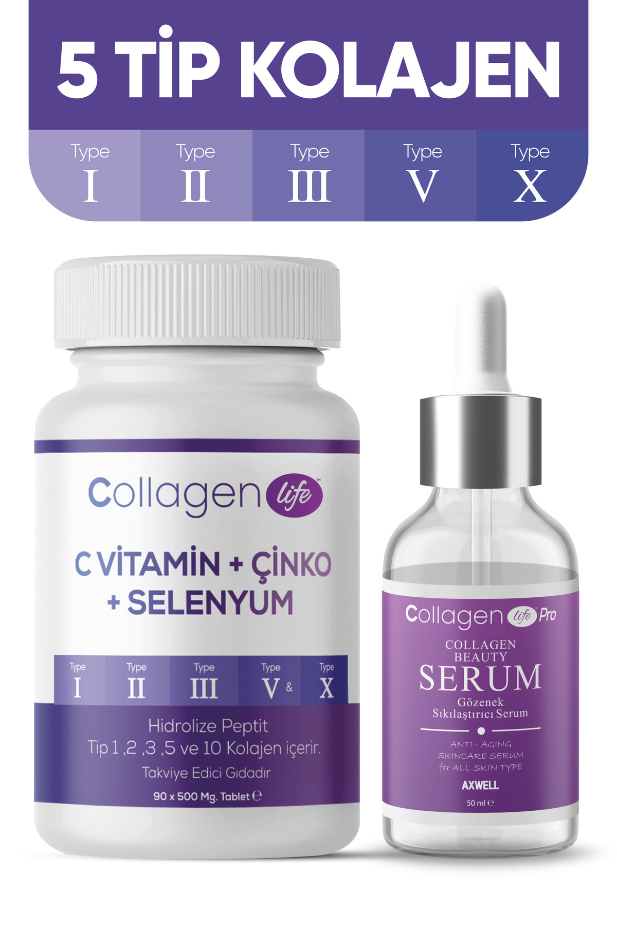 Collagen Life 5 Tip Kolajen Tip 1, Tip 2, Tip 3, Tip 5, Tip 10 + Kolajen Serum 2 Li Fırsat Seti ...
