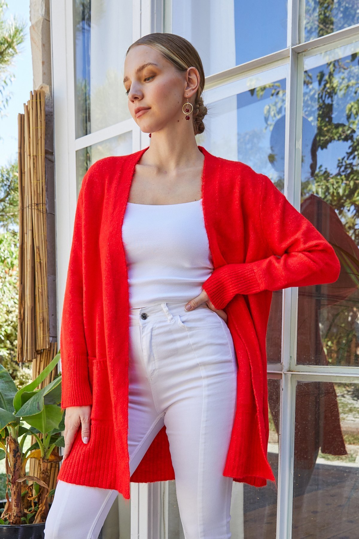 Bolesa Suadiye Kadın Sırtı Çizgili Cepli Maxi Boy Nar Yün Hırka Fiyatı ...