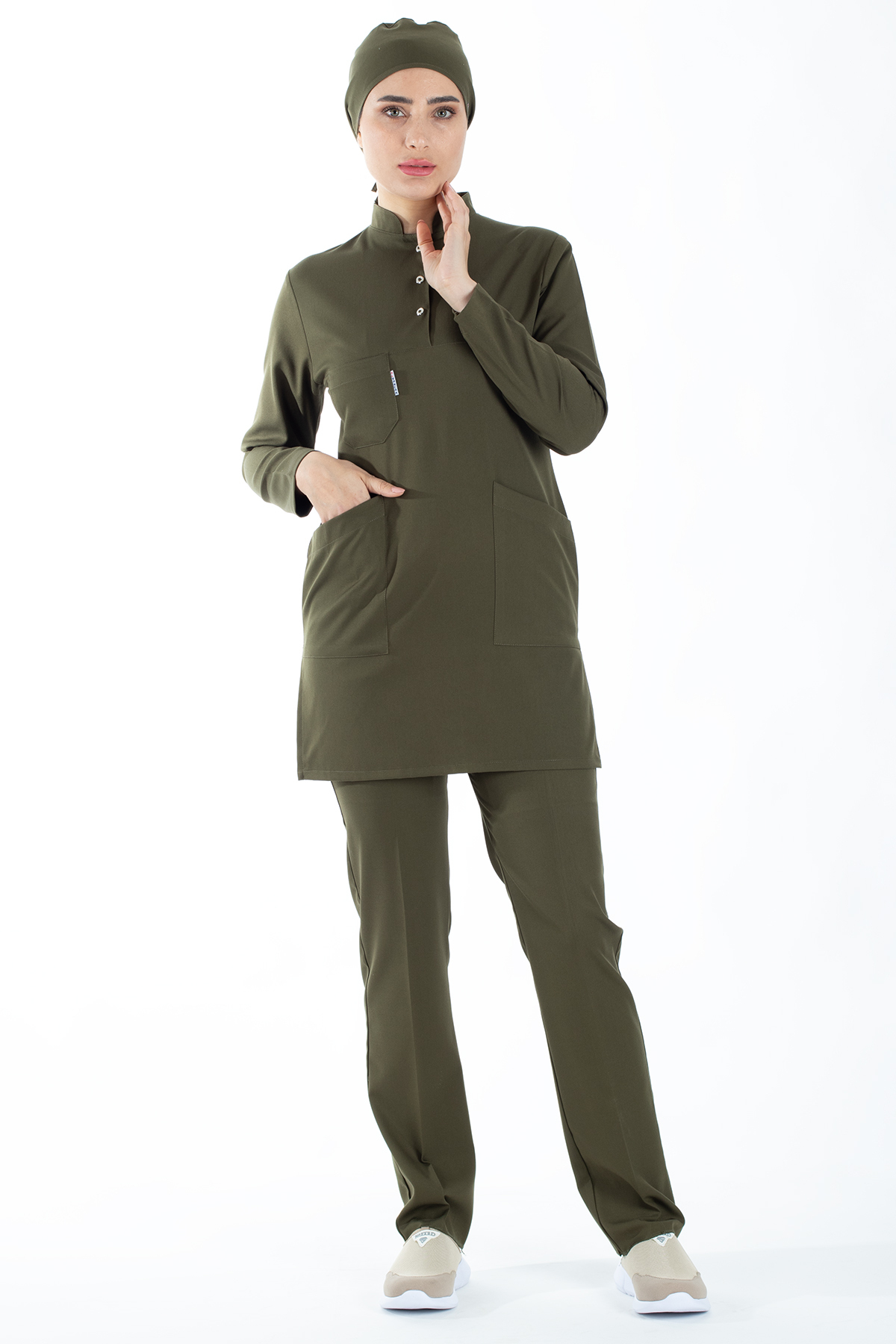Alsancak Üniforma Khaki Green Thin Lycra Hijab Nurse Uniform and ...