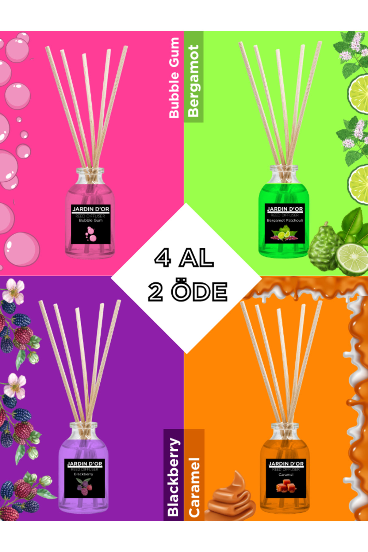 JARDIN D'OR 4'lü Çubuklu Oda Kokusu Seti - Avantajlı Paket (BUBBLE GUM ...