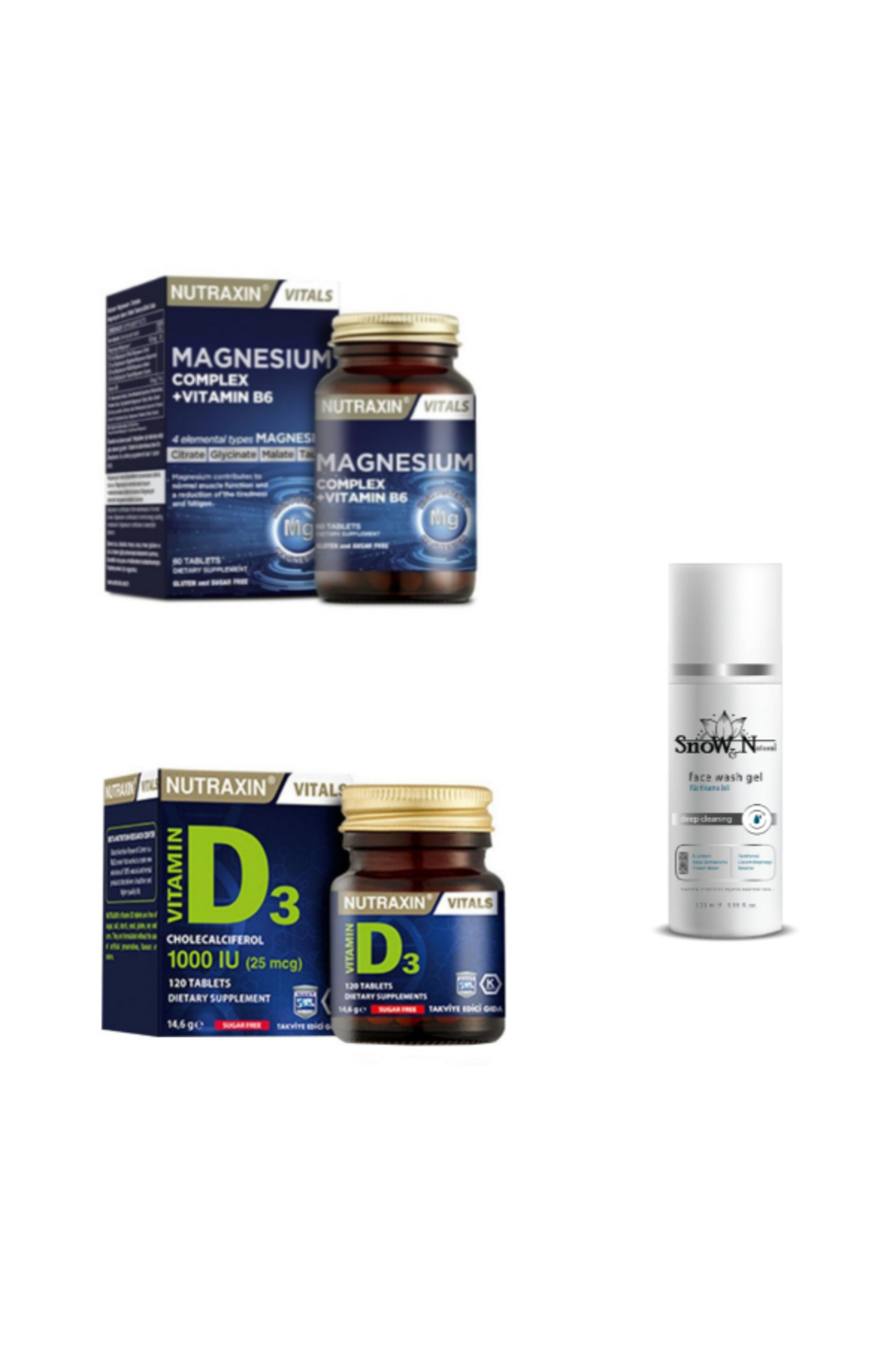 Nutraxin Magnezyum Complex B6 60 Tablet + Vitamin D3 120 Tablet + Yüz Temizleme Jeli 100ml ...