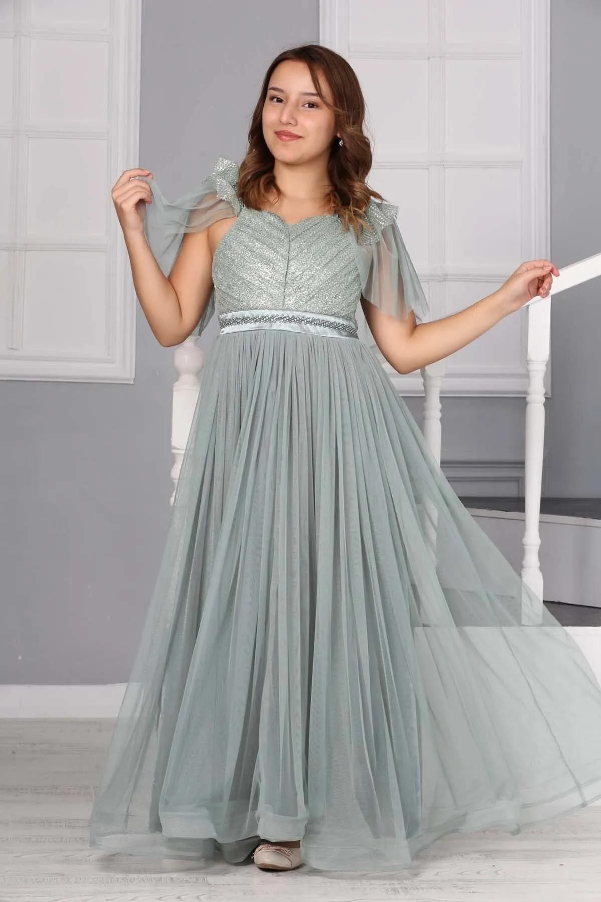 Wild Flower Kız Çocuk Omzu Tül Detaylı Uzun Abiye Elbise Düğün ve Nikah ...