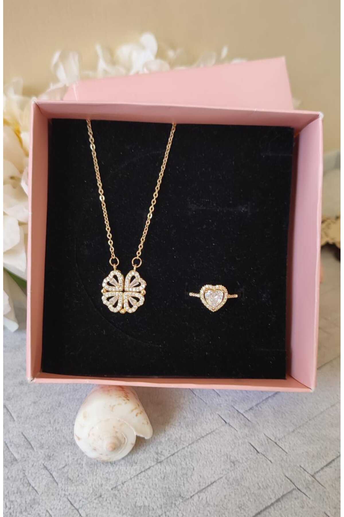 HKN AVM ACCESSORİES Çelik Kalpli Yonca kolye ve Ciddi İlişki Yüzüğü ...