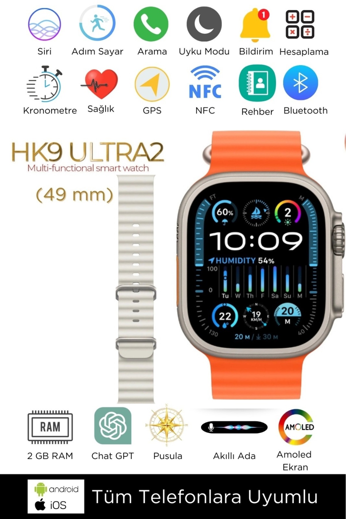 Bakeey Hk Ultra 2 Amoled Ekran Siri, Gps, Nfc, Pusula, Sesli Asistan ...