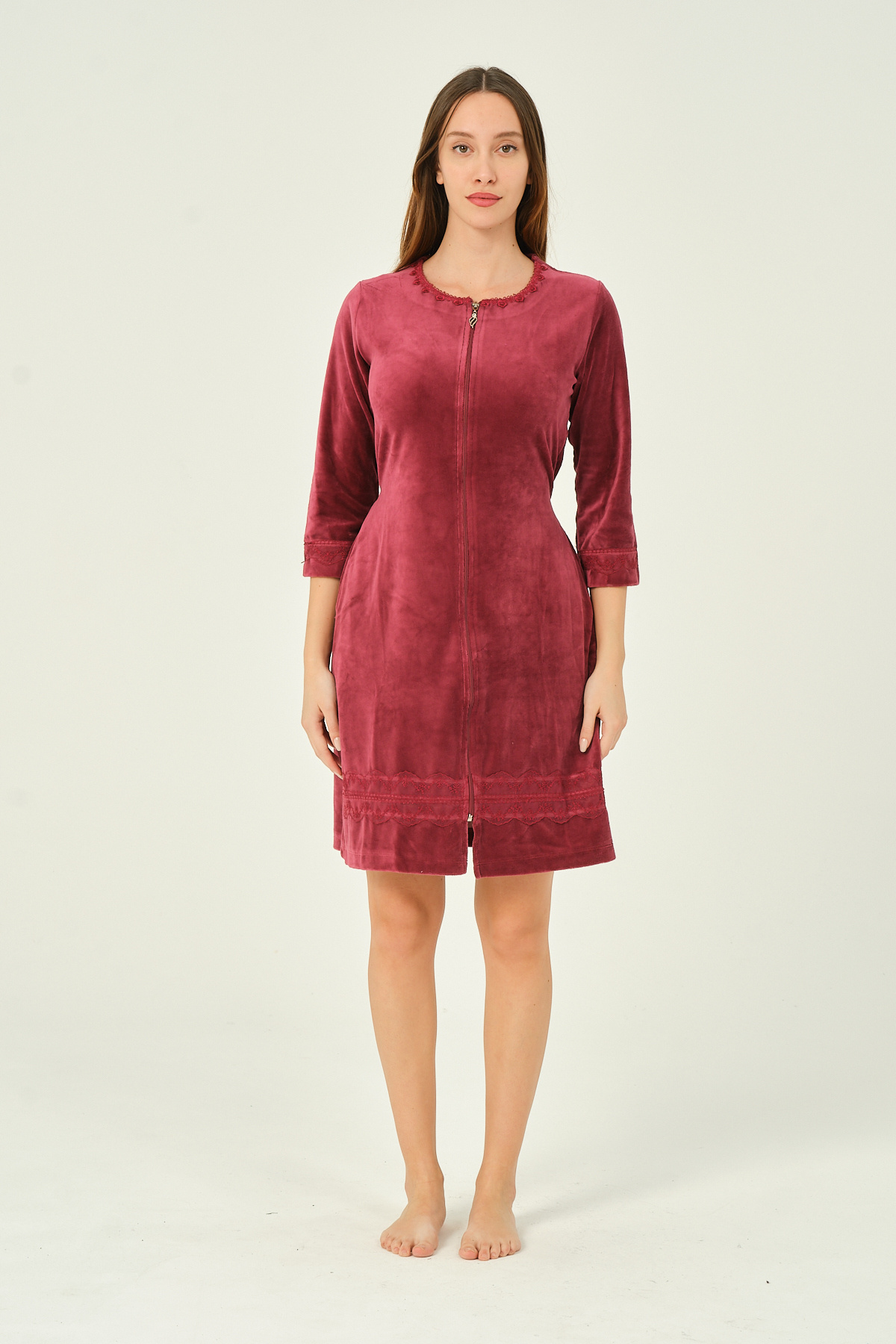 İntensive kadın fermuarlı dantel detaylı 3/4 kol pamuklu kadife elbise ...