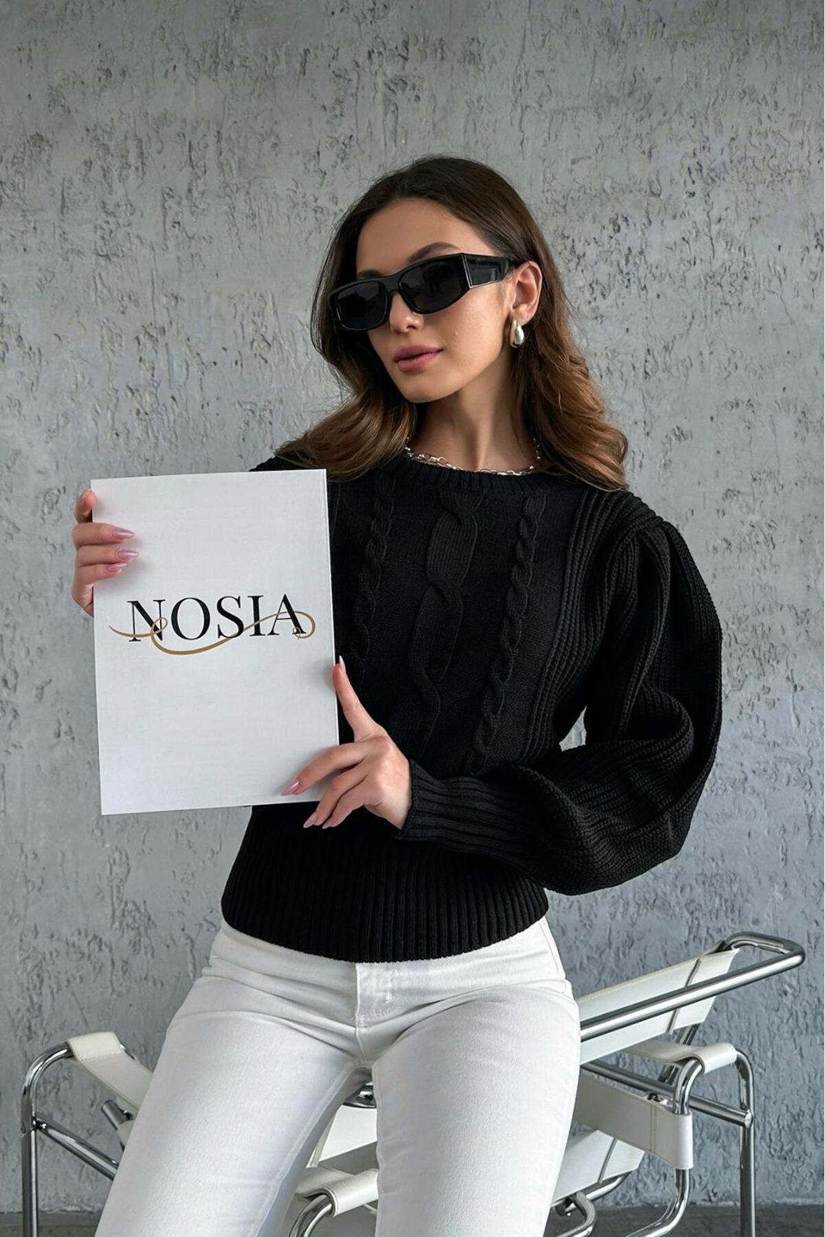 nosia fashion Prenses Kollu Saç Örgü Desenli Siyah Triko Kazak Fiyatı ...