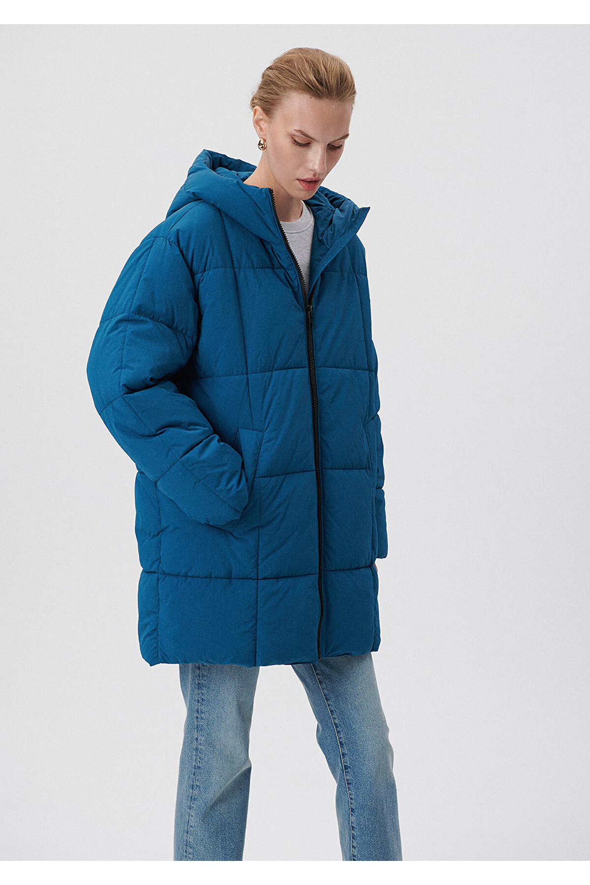Mavi Kapitone Kapüşonlu Mavi Şişme Mont Loose Fit / Bol Rahat Kesim ...