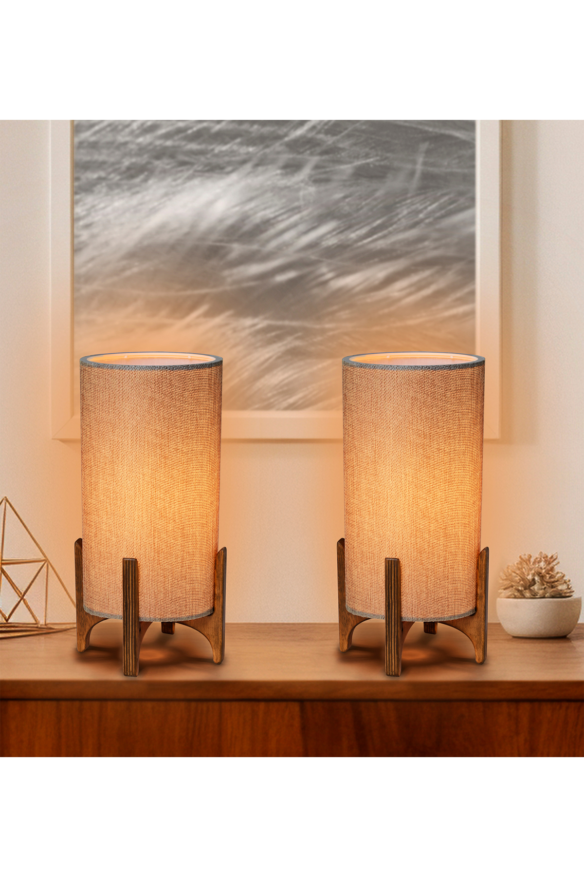 EFLIGHTDESIGN 2'li Ahşap Abajur Bej Modern Şık Yatak Odası Salon Masa ...