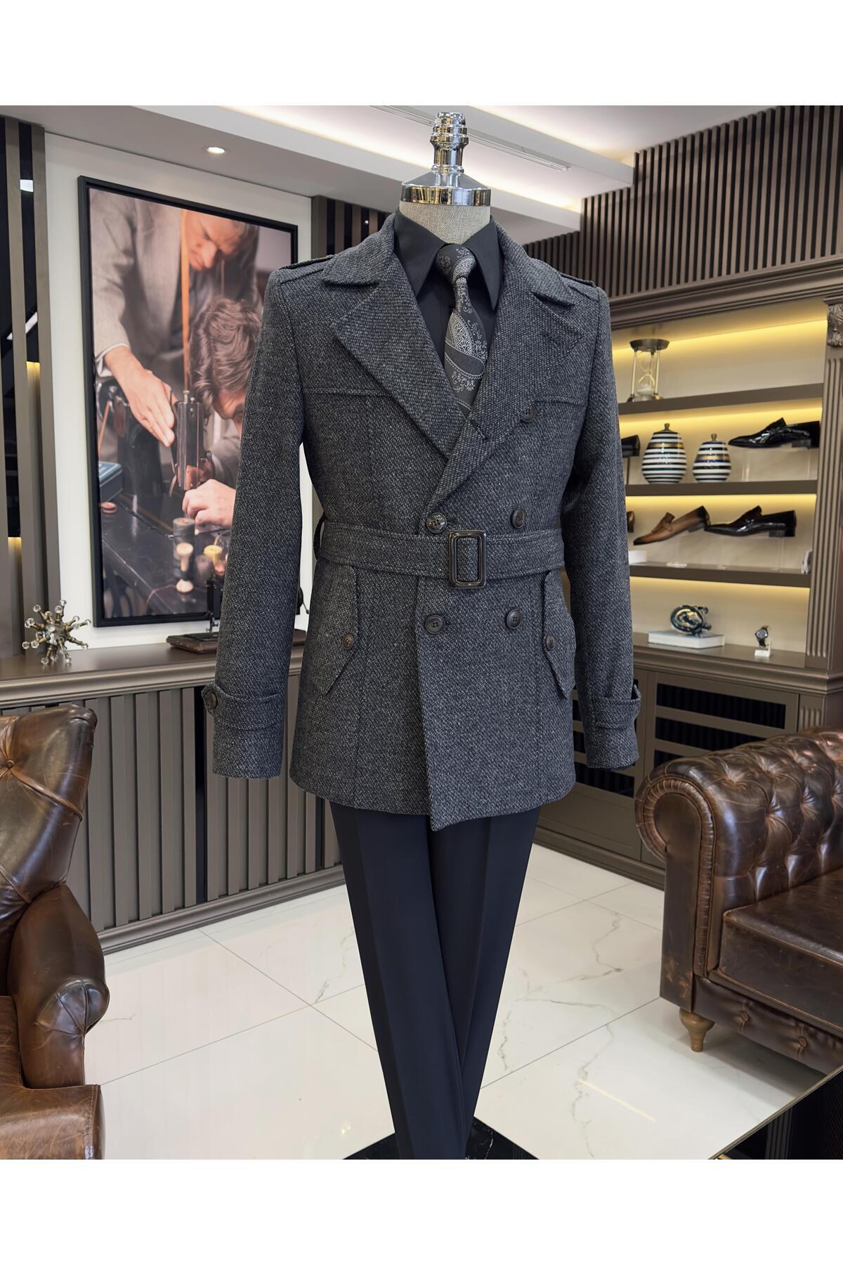 TerziAdemAltun İtalyan stil erkek kısa desenli kaşe trençkot mont kaban ...