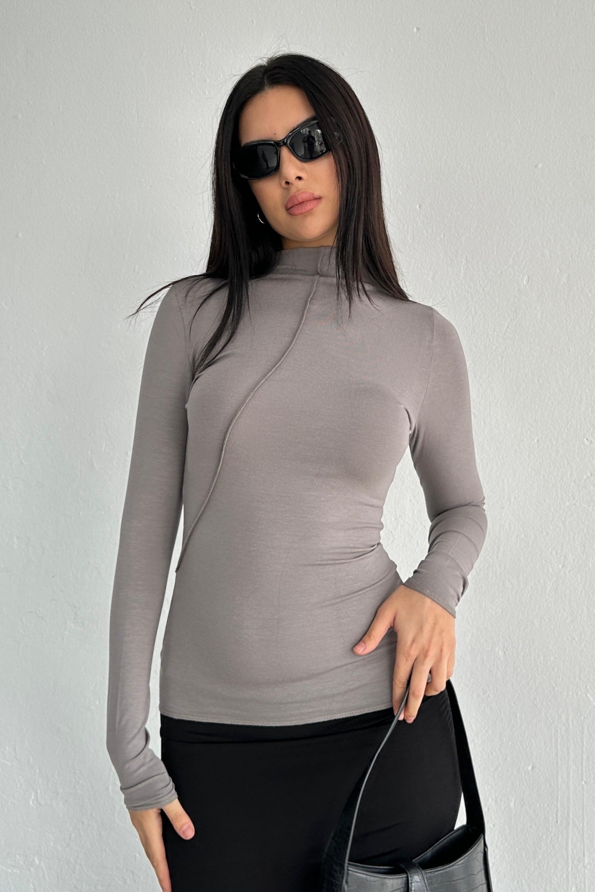 World Fashion Trends Gri Yarım Balıkçı yaka Uzun Kollu Esnek Örme ...