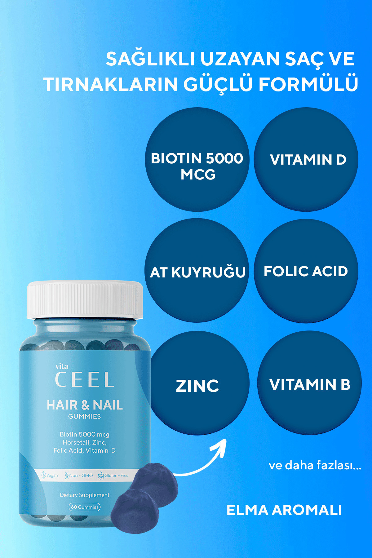 Vita Ceel Saç Tırnak Vitamini Vegan Gummy Biotin 5000, Vitamin D, Çinko ...