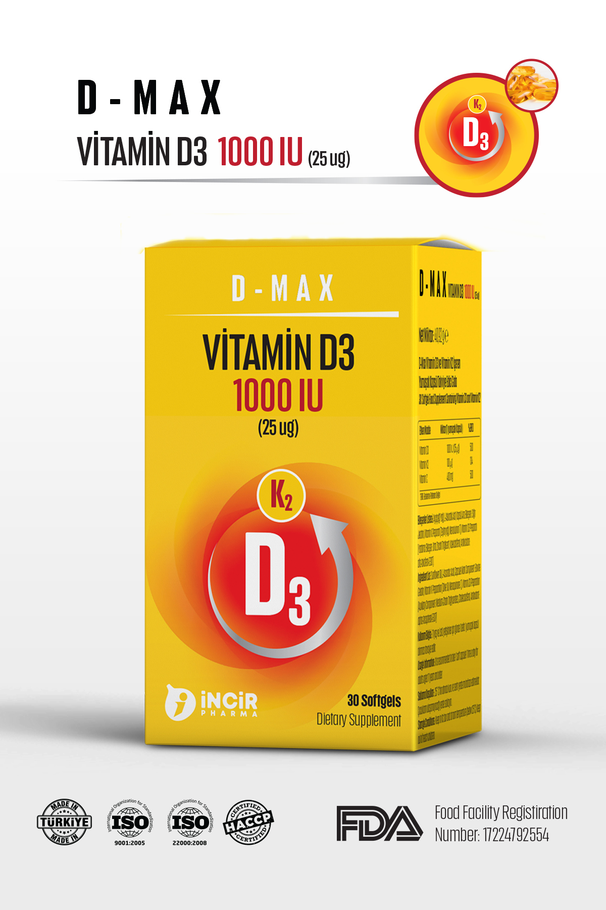 DMAX D-max Vitamin D3k2 Vitamin C Içerikli 30 Adet Soft Jel Kapsül ...