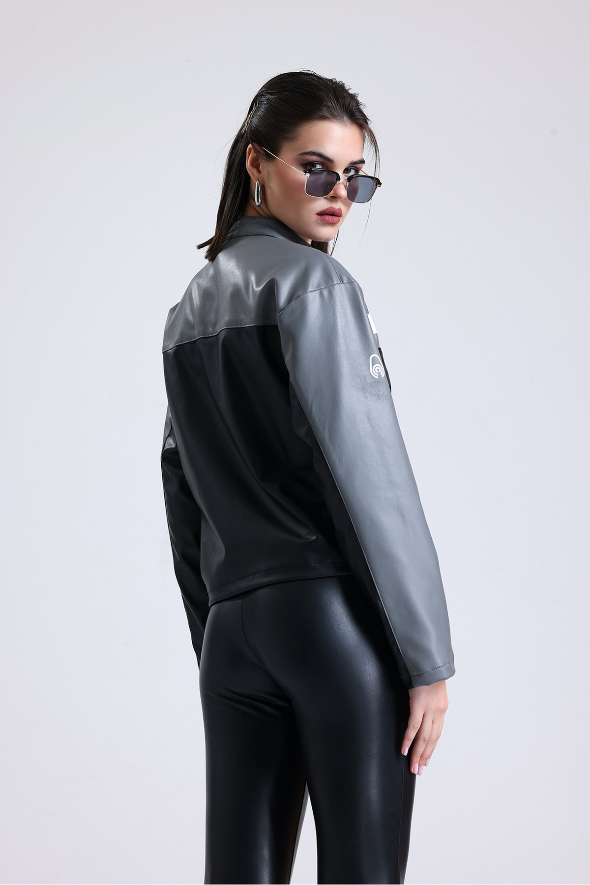 Black Level Kadın Oversize Baskılı Motorcu Ceketi Fermuarlı Kolej Mont ...