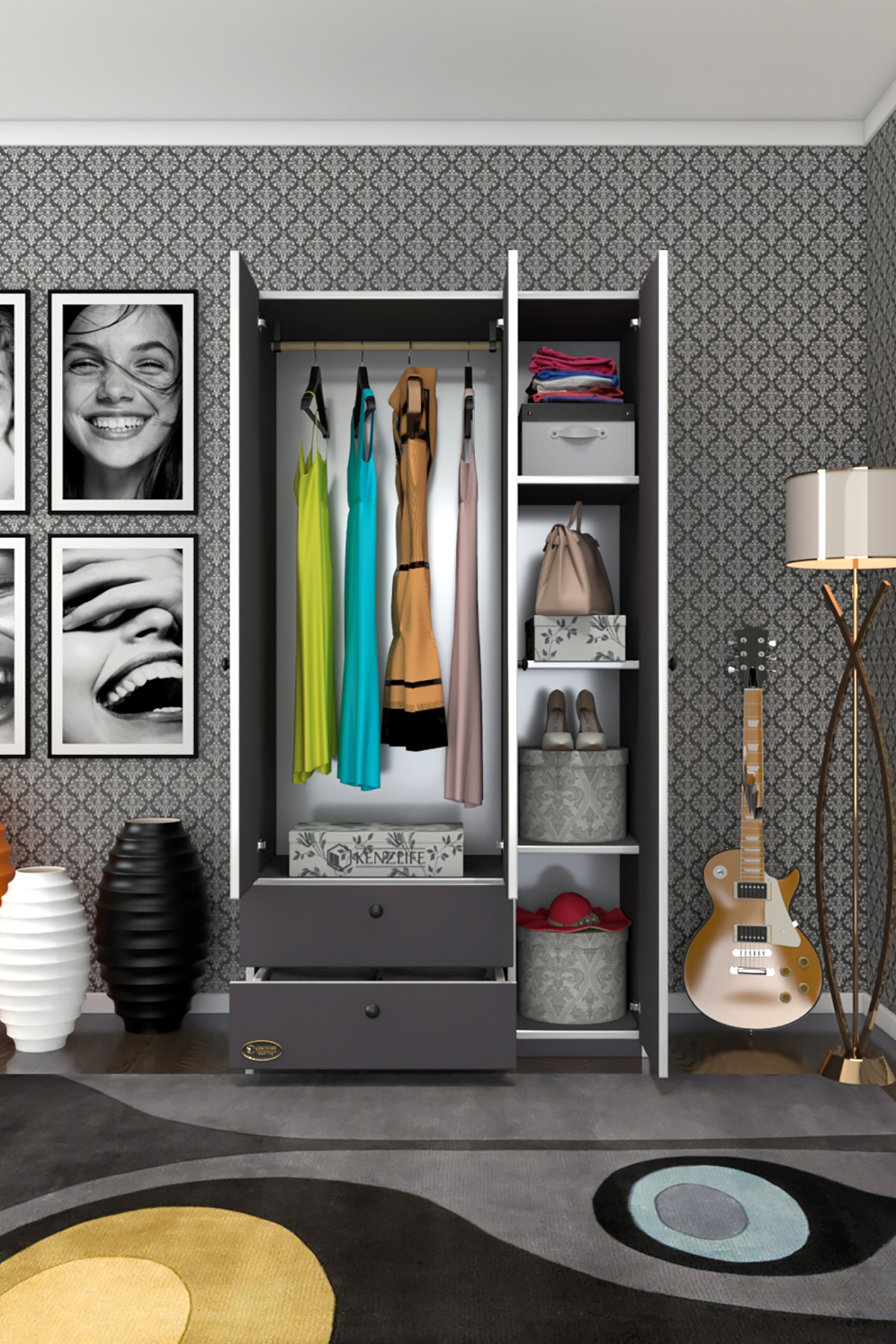 Kenzlife gardırop 3 kapılı kapaklı 2 çekmeceli manolya gri 173*90*42 ...