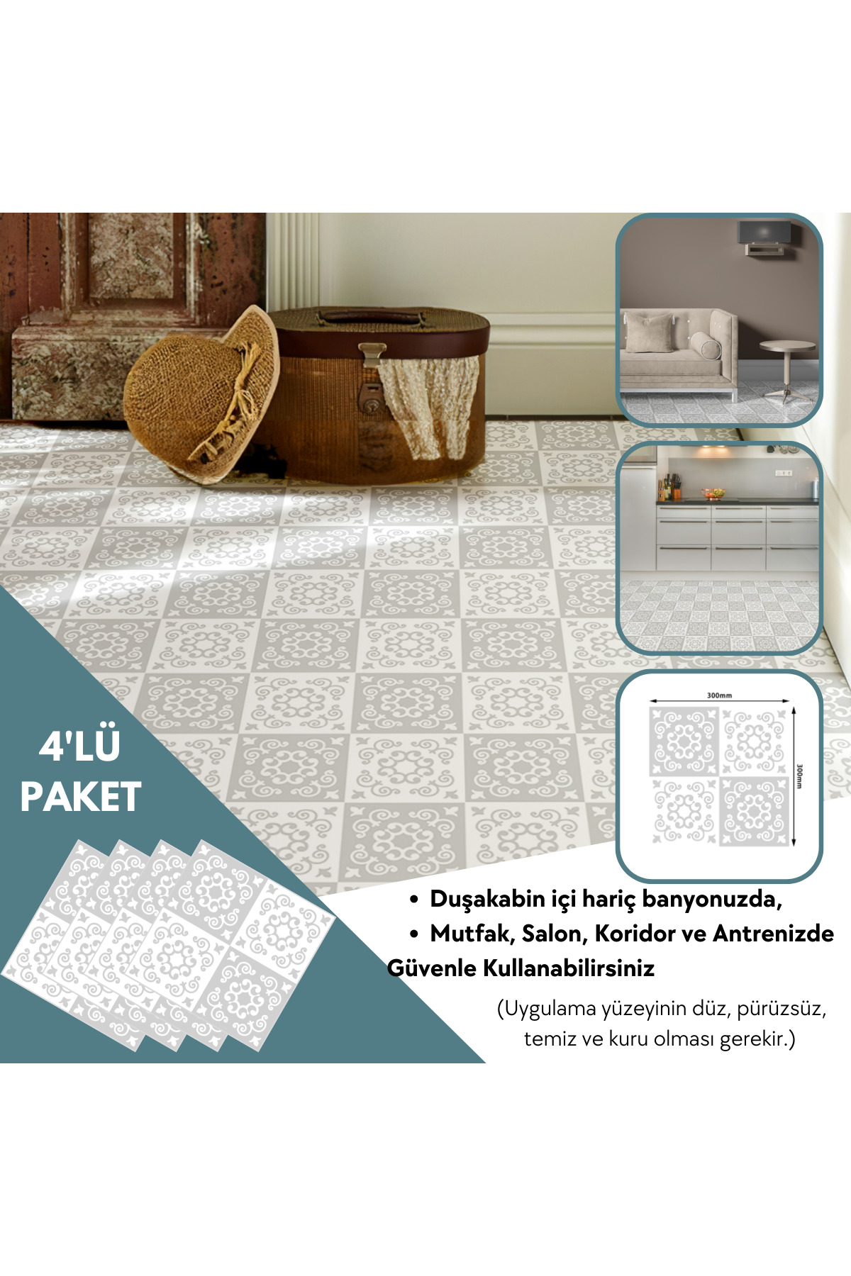 TechnoSmart 4 Adet 30cm×30cm Kendinden Yapışkanlı LVT Zemin Duvar ...