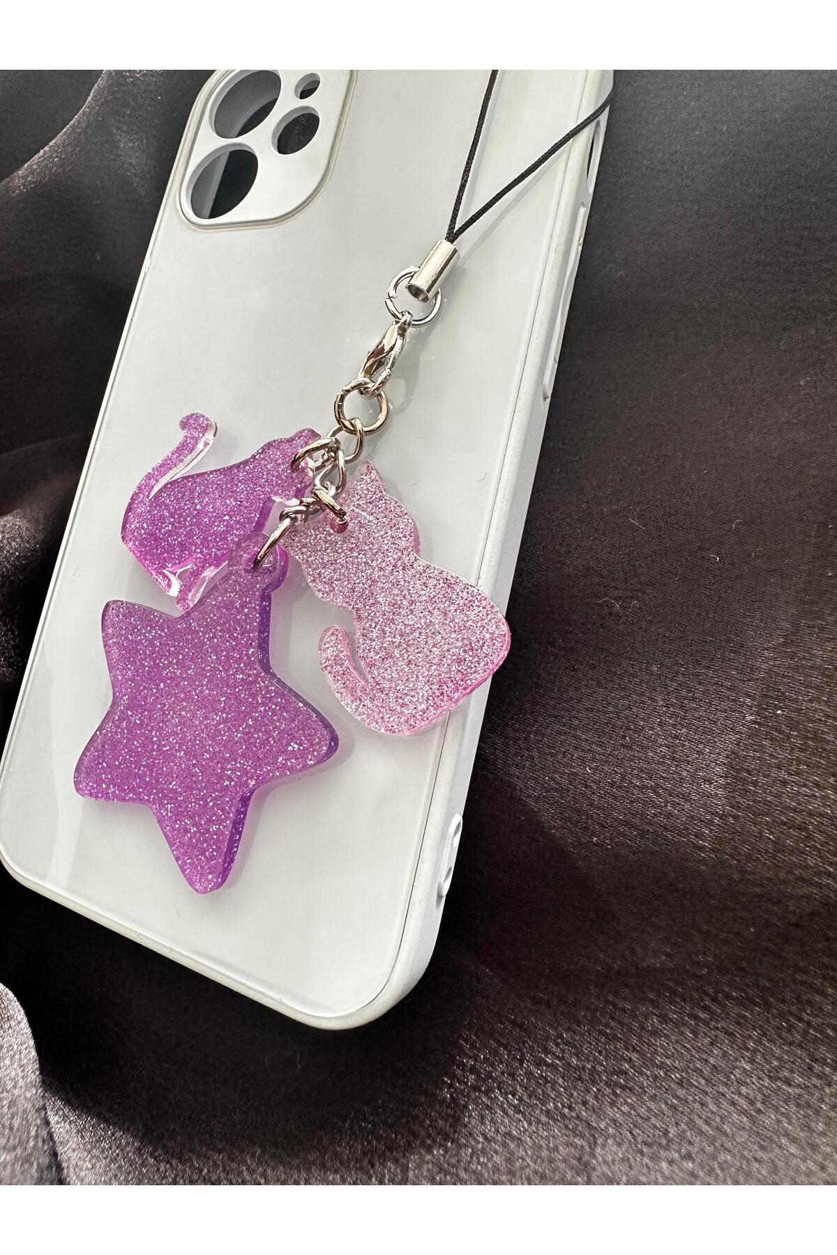 schkırt Yıldız Kedi Motifli Mor Renk Simli Epoksi Telefon Charmı ...